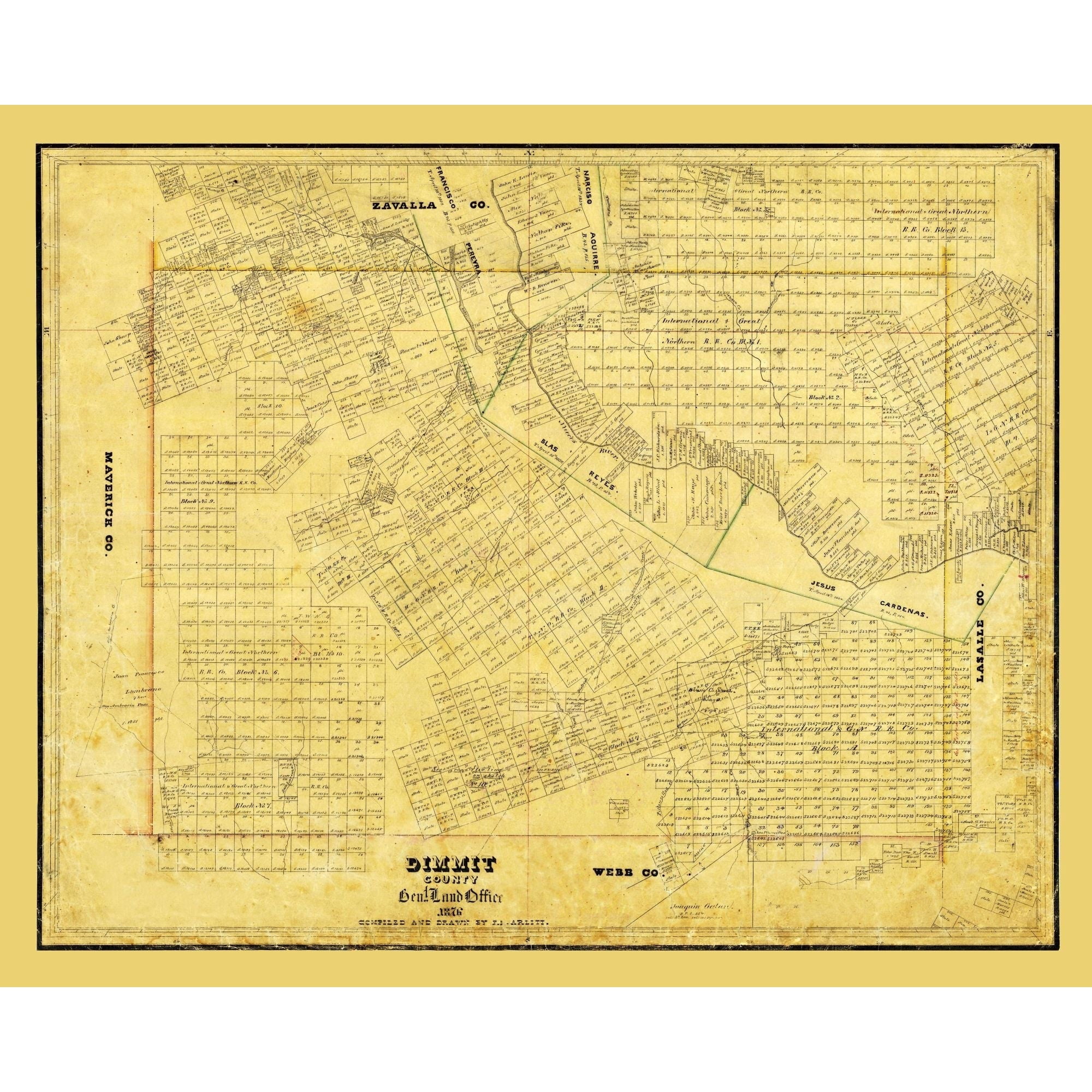Historic County Map - Dimmit County Texas - Arlitt 1876 - 28.47 x 23 ...