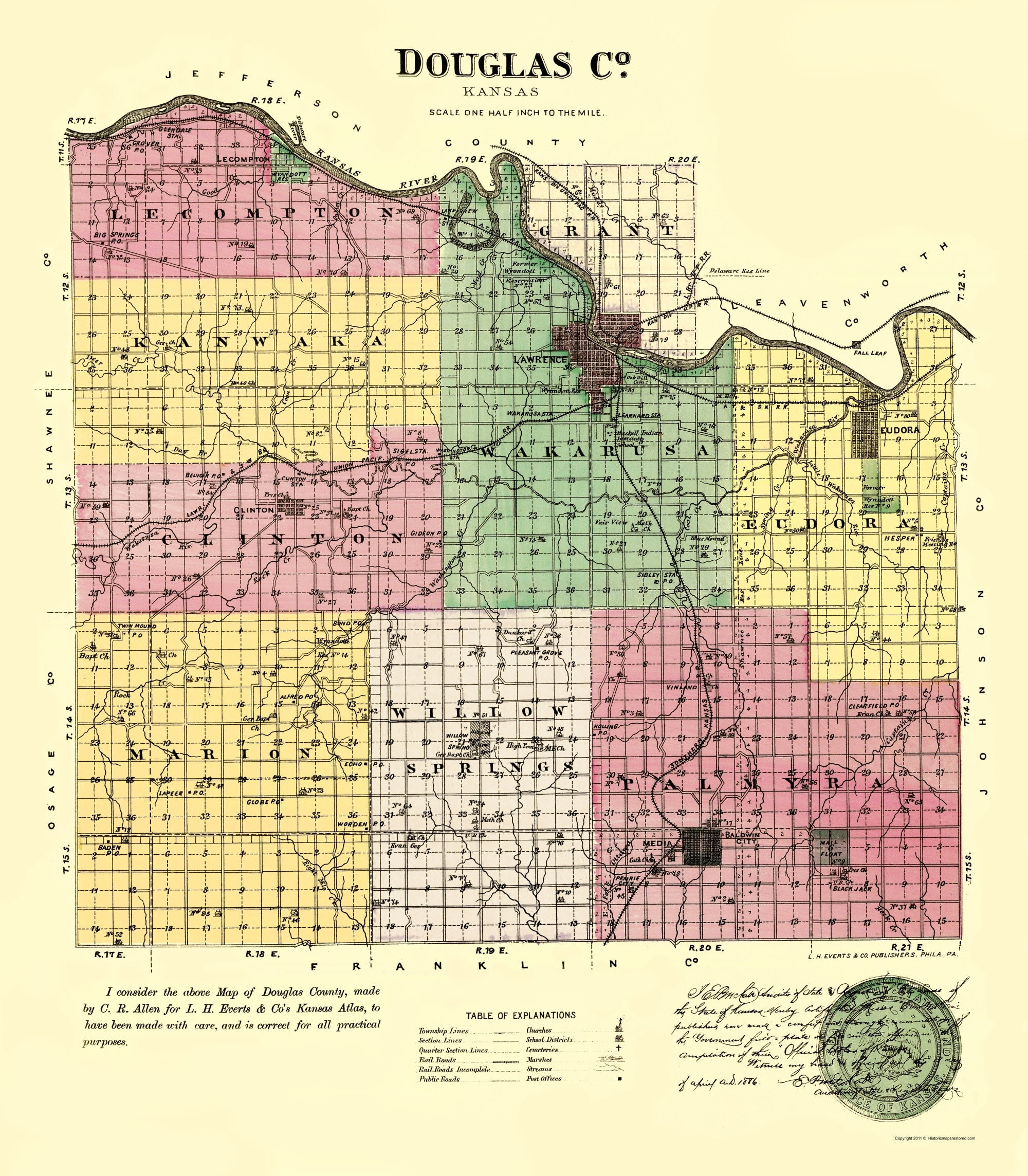 Historic County Map - Doniphan County Kansas - Everts 1887 - Vintage ...