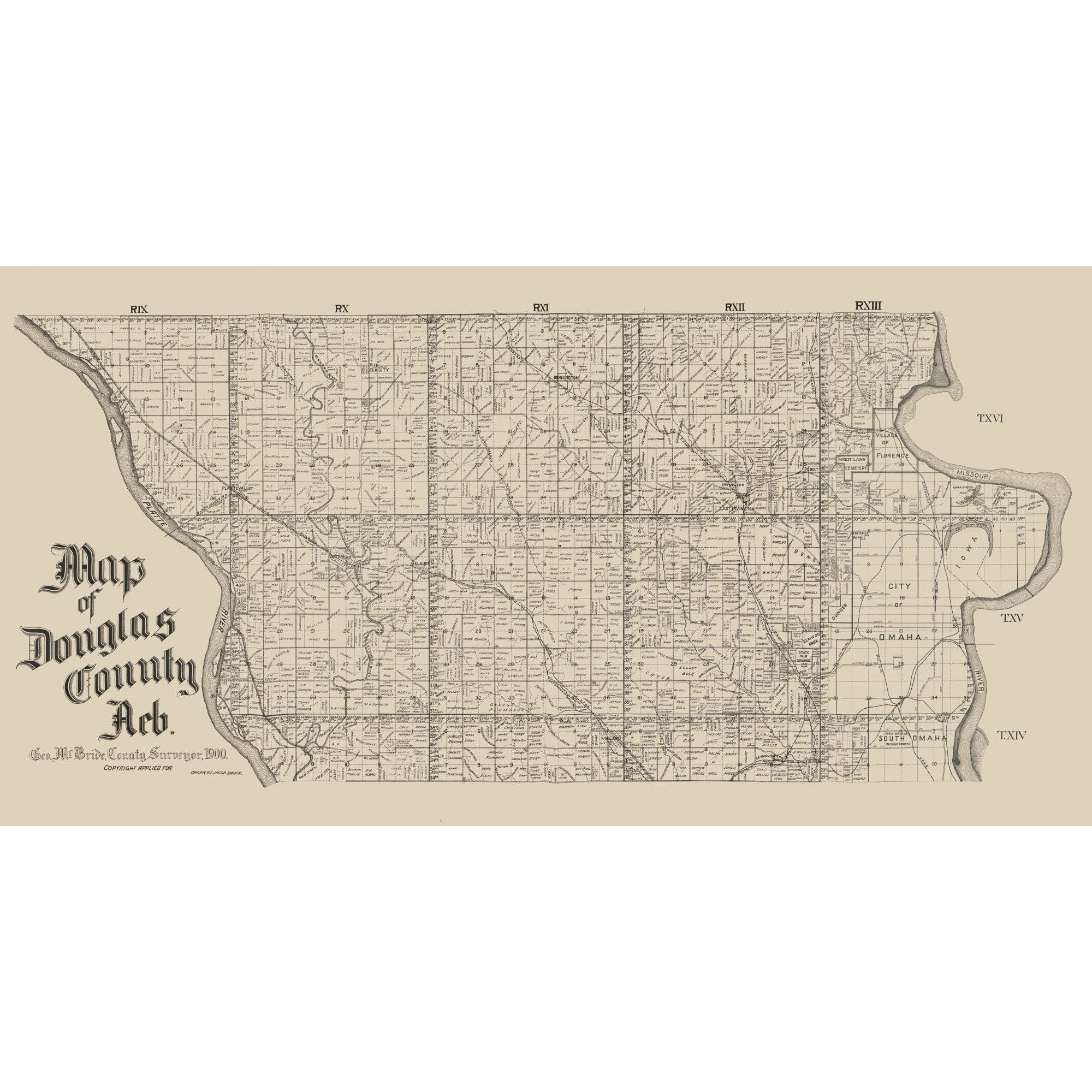 Historic County Map - Douglas County Nebraska - McBride 1900 - 44.85 x ...