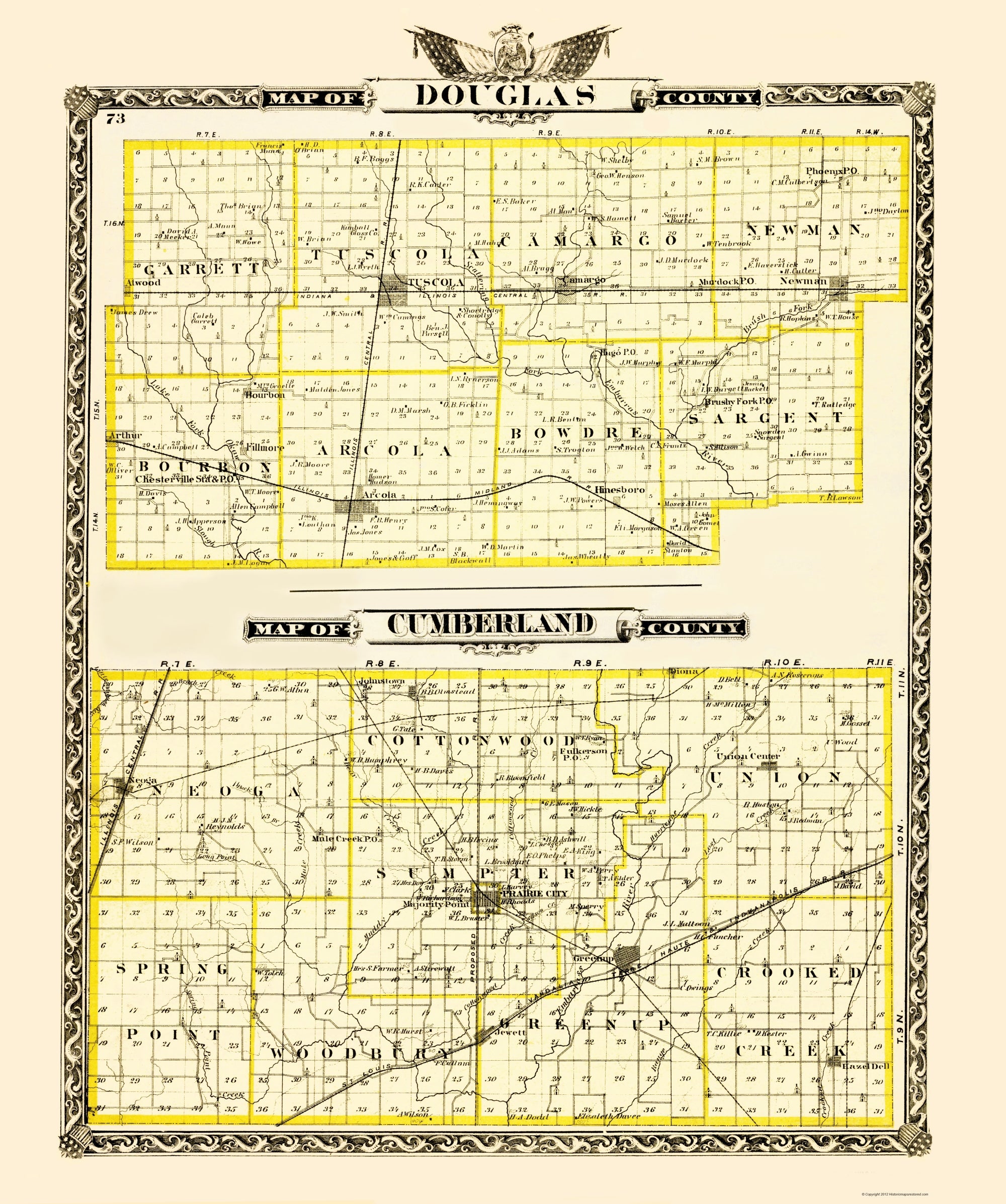 Historic County Map - Douglas Cumberland Counties Illinois - Warner ...