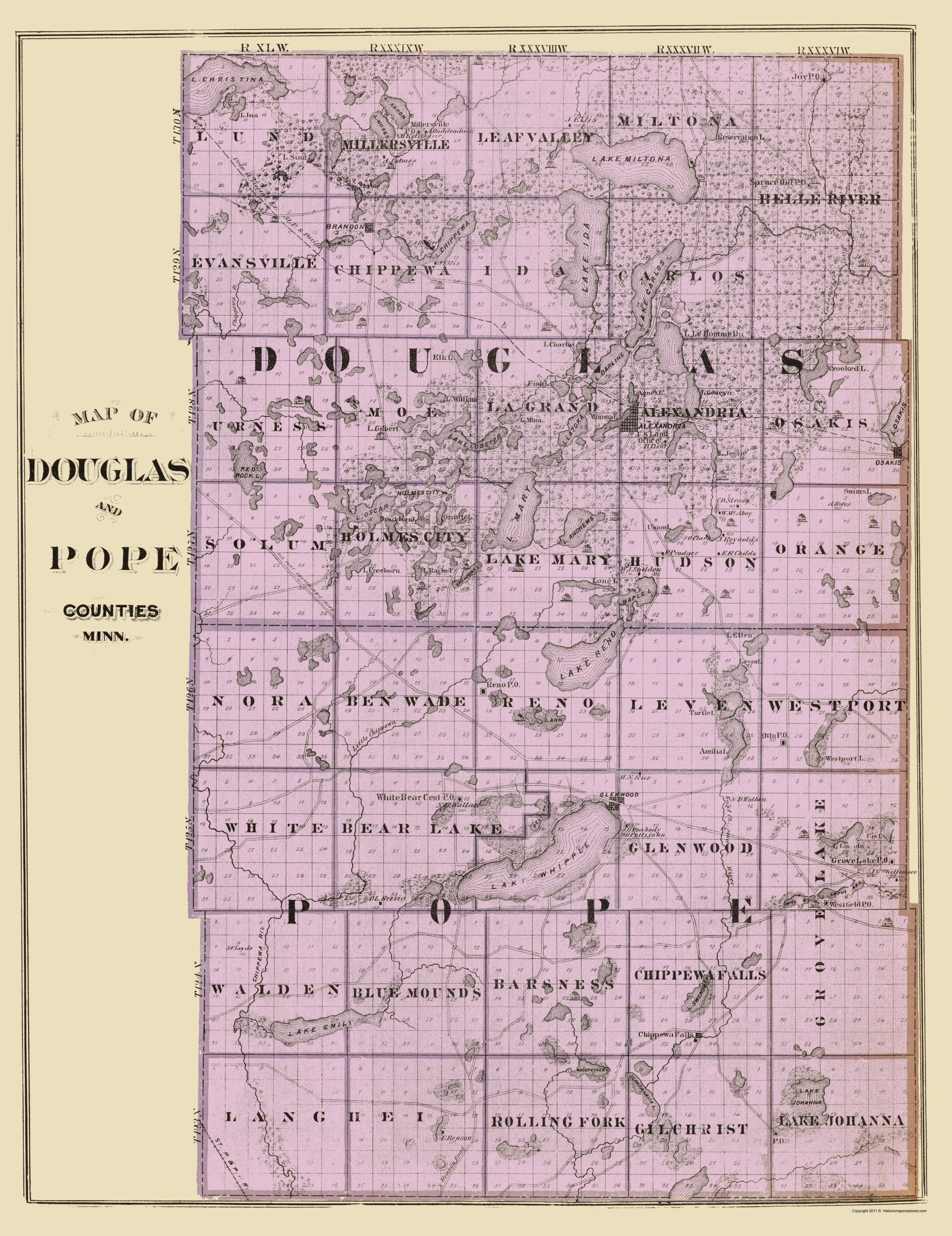 Historic County Map - Douglas Pope Counties Minnesota - Andreas 1874 ...