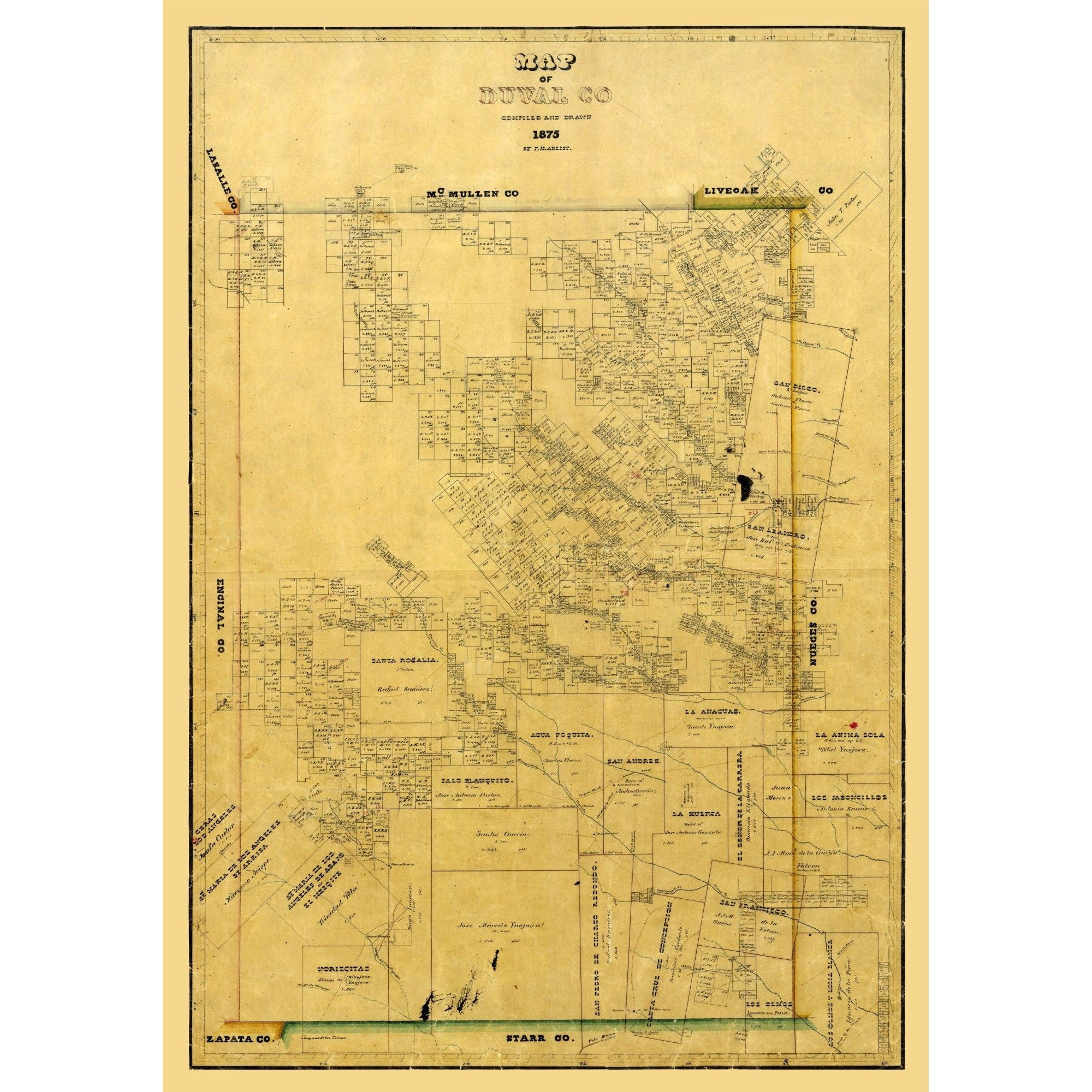 Historic County Map - Duval County Texas - Arlitt 1875 - 23 x 32.78 ...