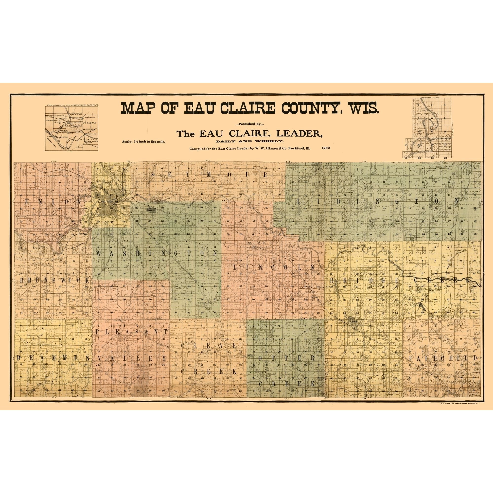 Historic County Map - Eau Claire County Wisconsin - Hixon 1902 - 34.63 ...