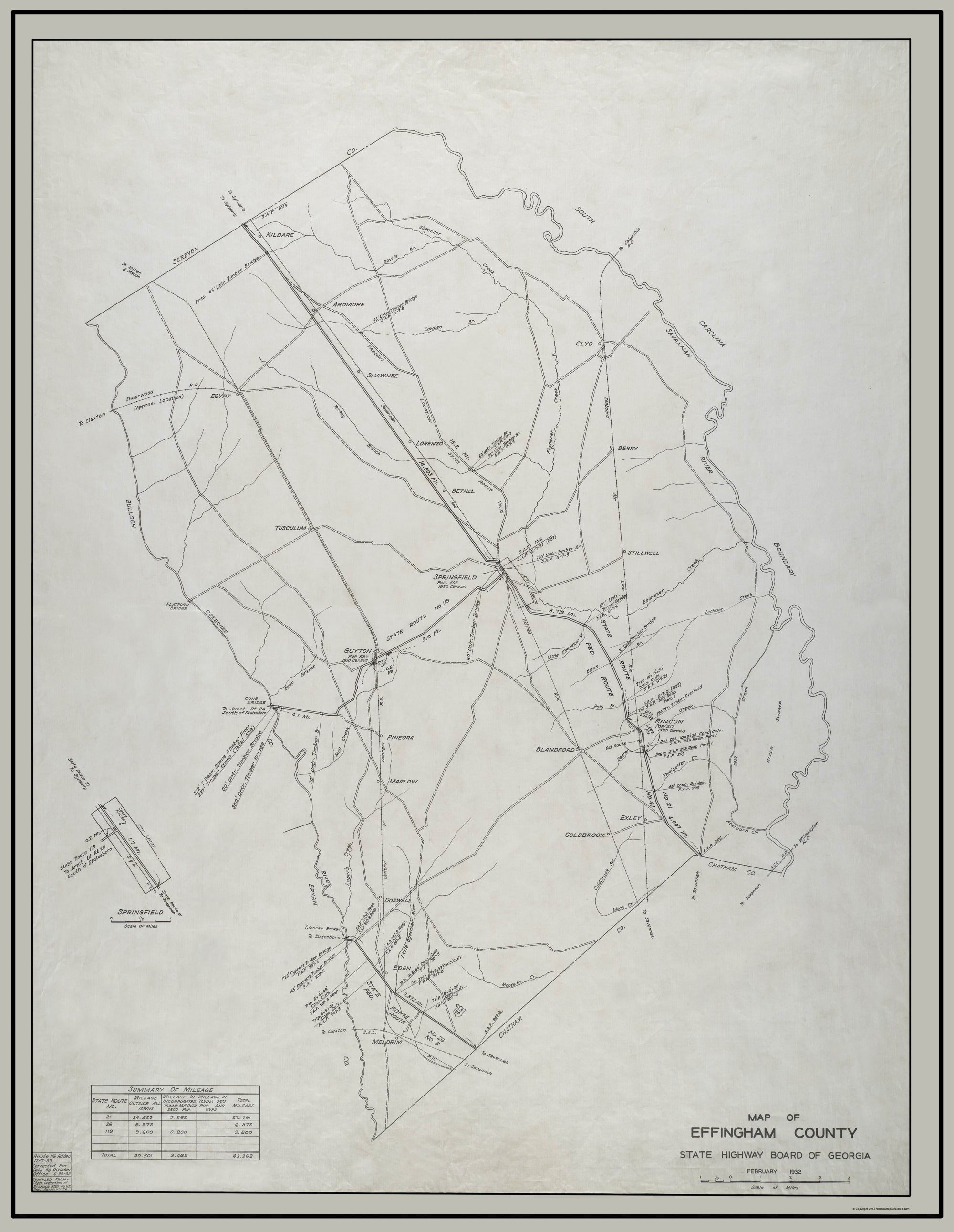 Historic County Map - Effingham County Georgia - Highway Board 1932 ...