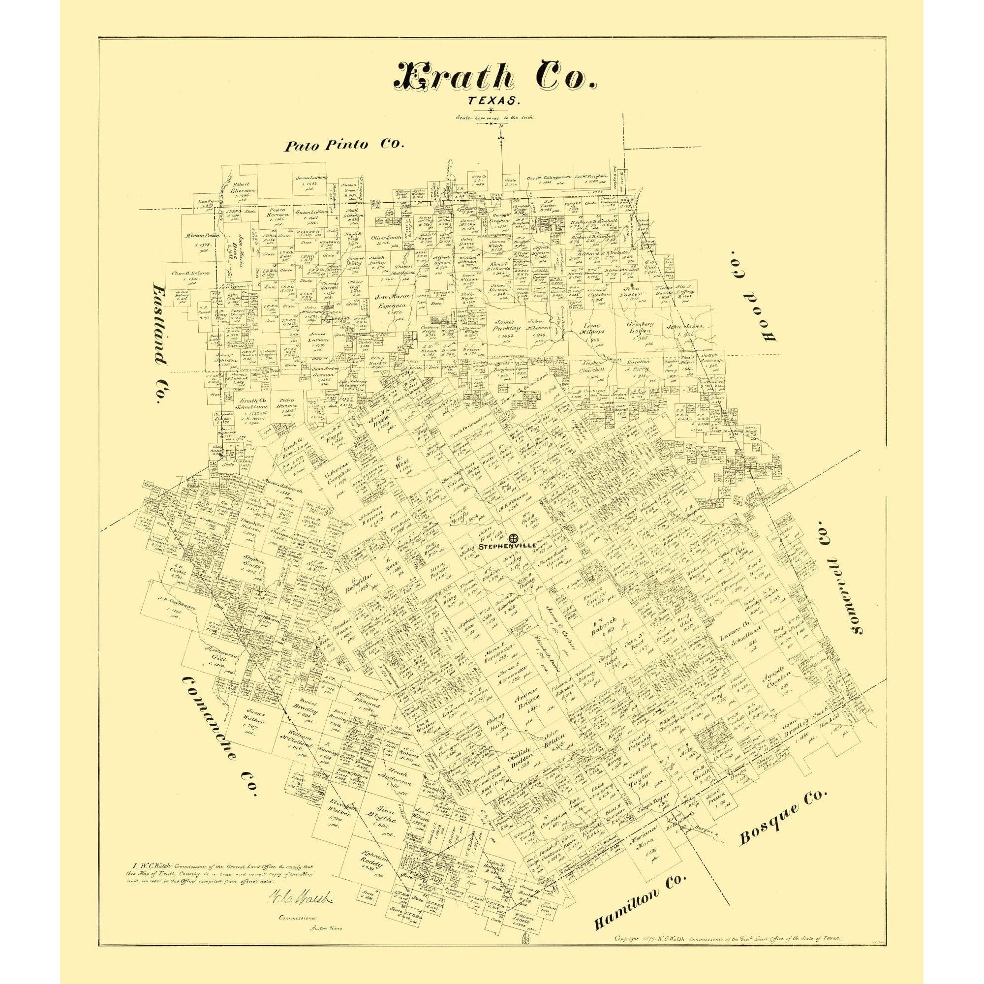 Historic County Map - Erath County Texas - Walsh 1879 - 23 x 26.21 ...