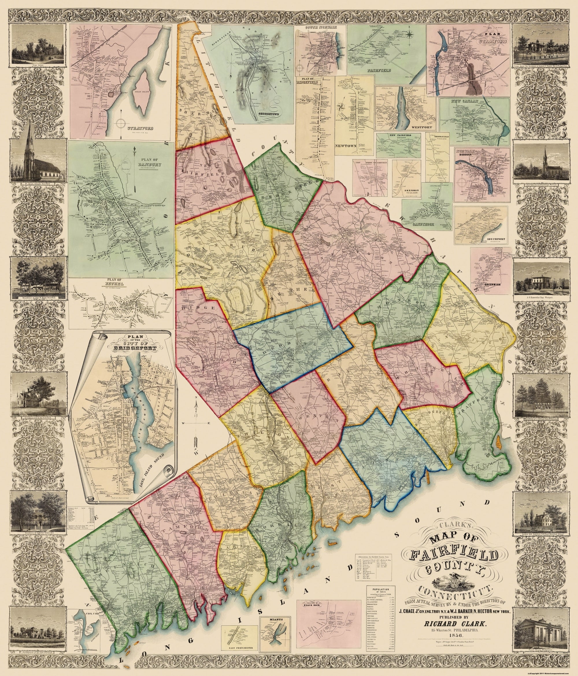 Historic County Map - Fairfield County Connecticut - Clark 1856 - 23 x ...