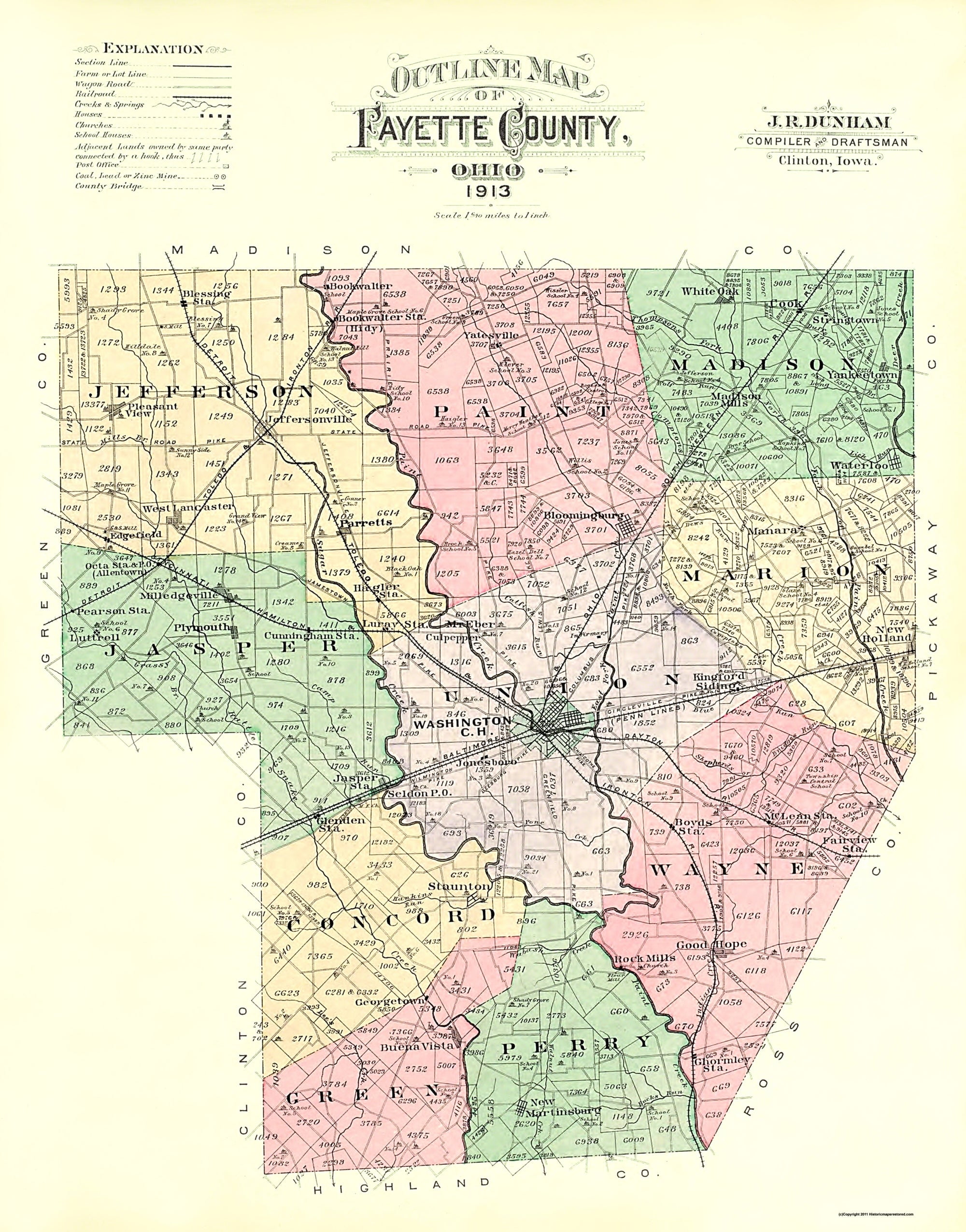 Historic County Map - Fayette County Ohio - Dunham 1913 - Vintage Wall ...