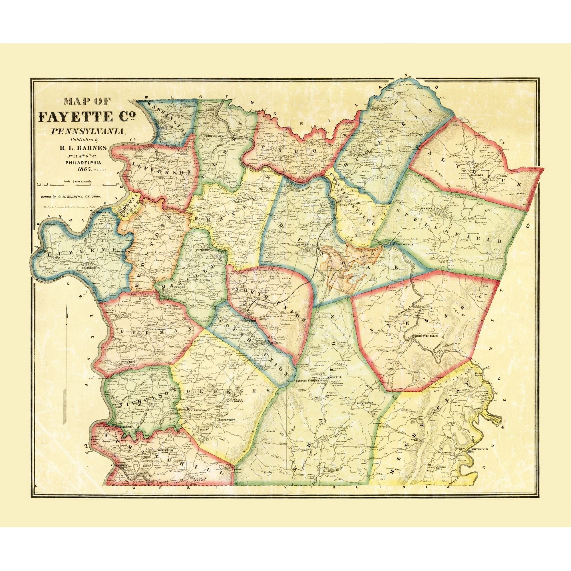 Historic County Map - Fayette County Pennsylvania - Barnes 1865 - 27.15 ...