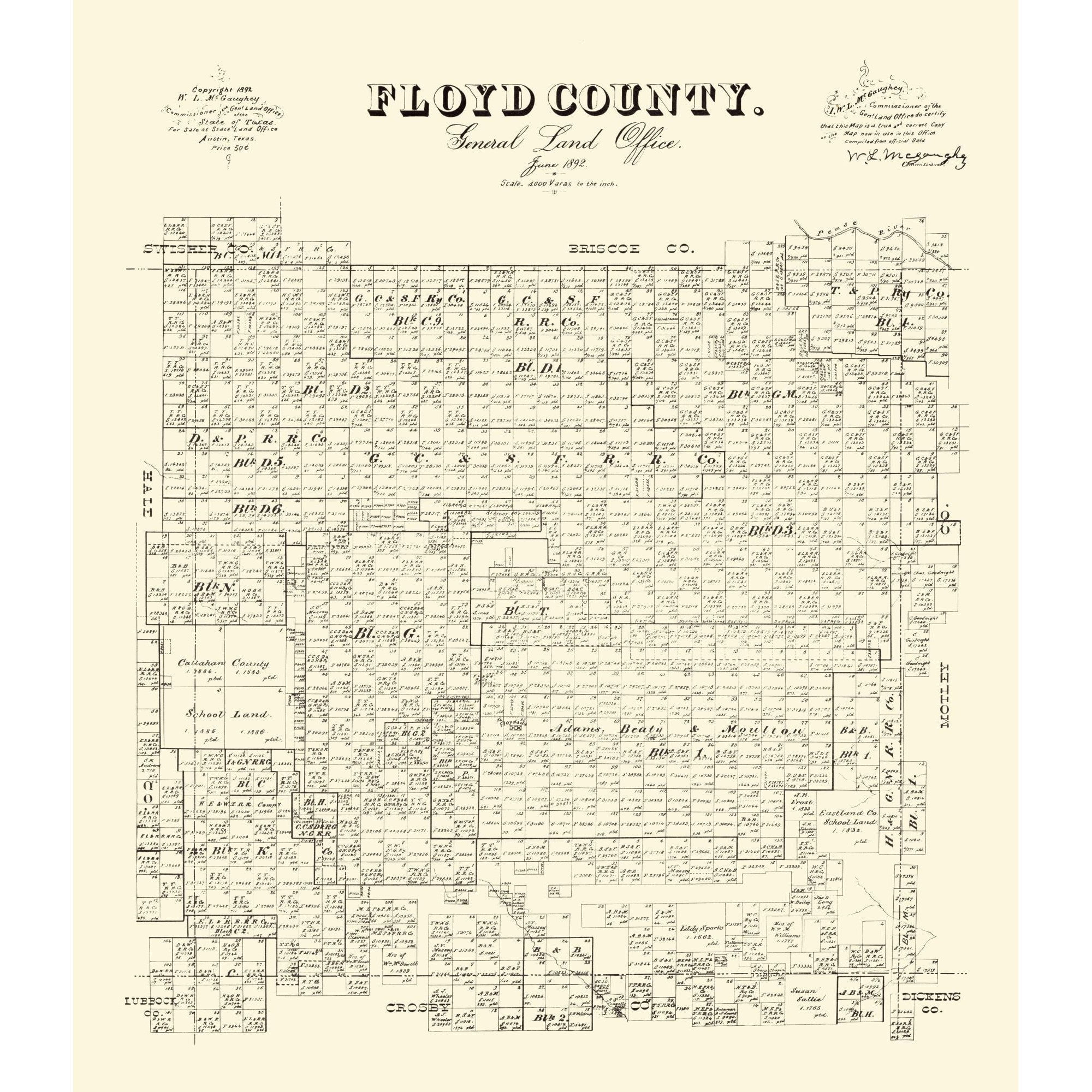 Historic County Map - Floyd County Texas - McGaughey 1892 - 23 x 26.57 - Vintage Wall Art ...