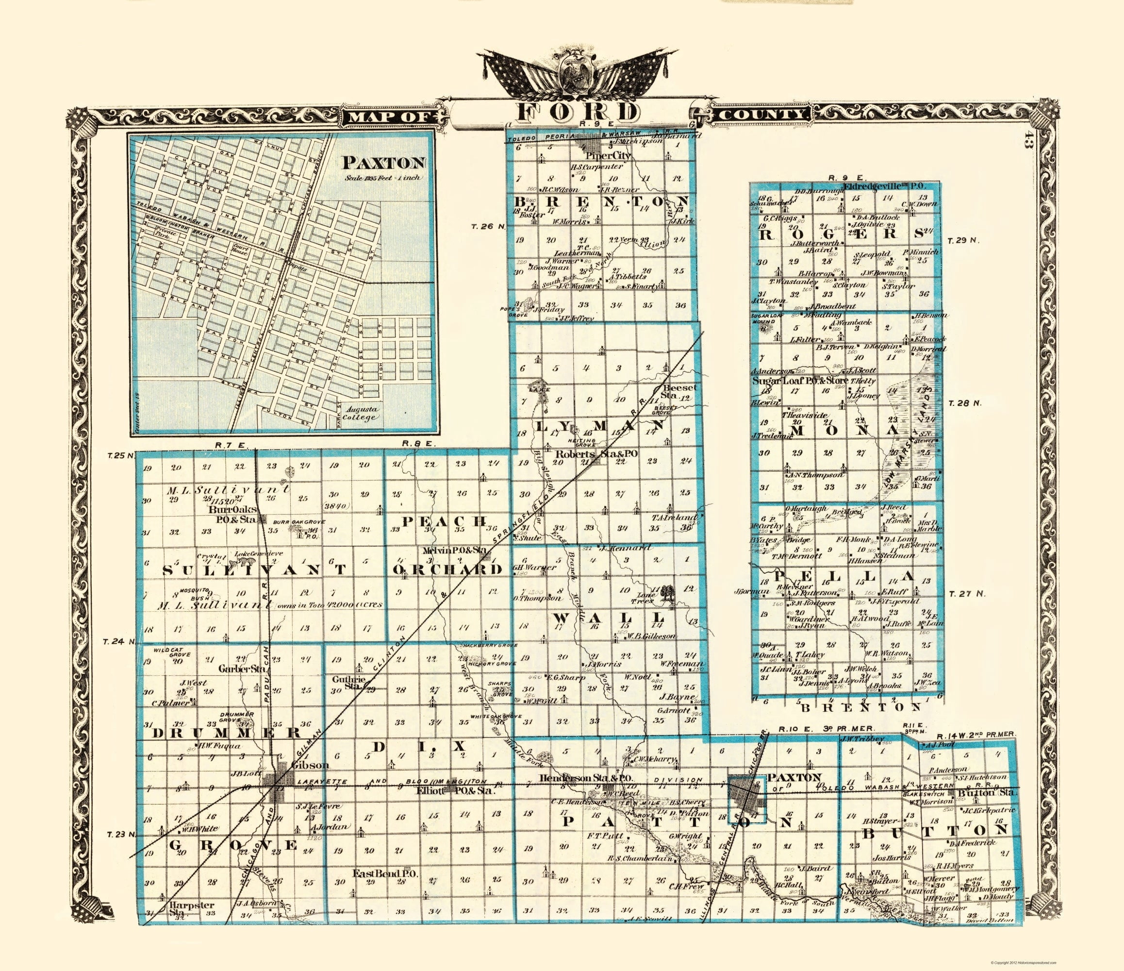Historic County Map - Ford County Illinois - Warner 1870 - Vintage Wall ...