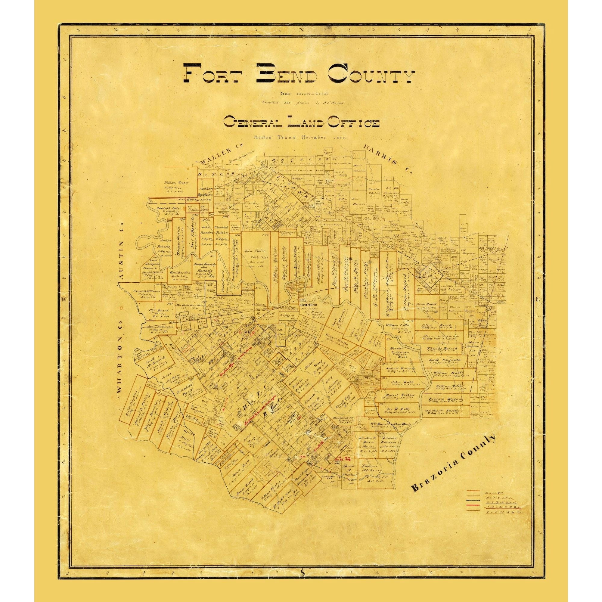 Historic County Map - Fort Bend County Texas - General Land Office 1892 ...