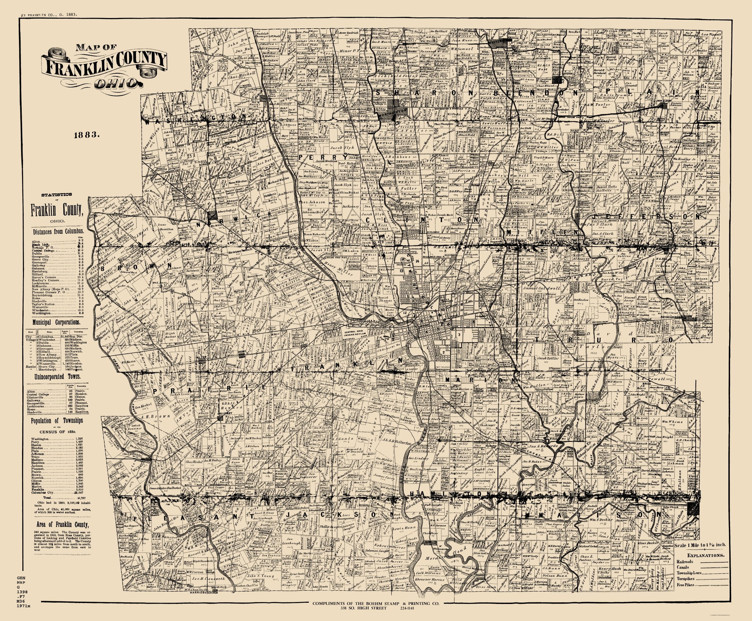 Historic County Map - Franklin County Ohio - Boehm 1883 - 23 x 27.86 ...