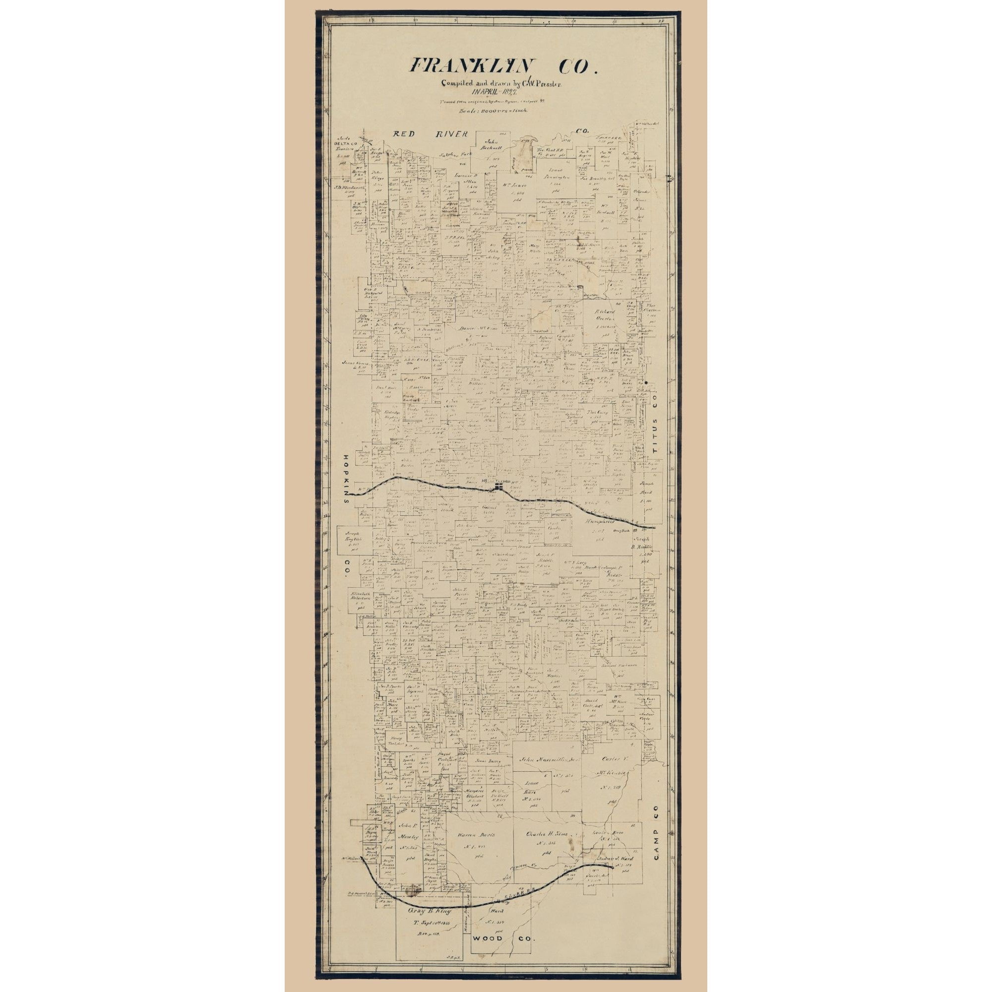 Historic County Map - Franklin County Texas - Pressler 1897 - 23 x 53. ...