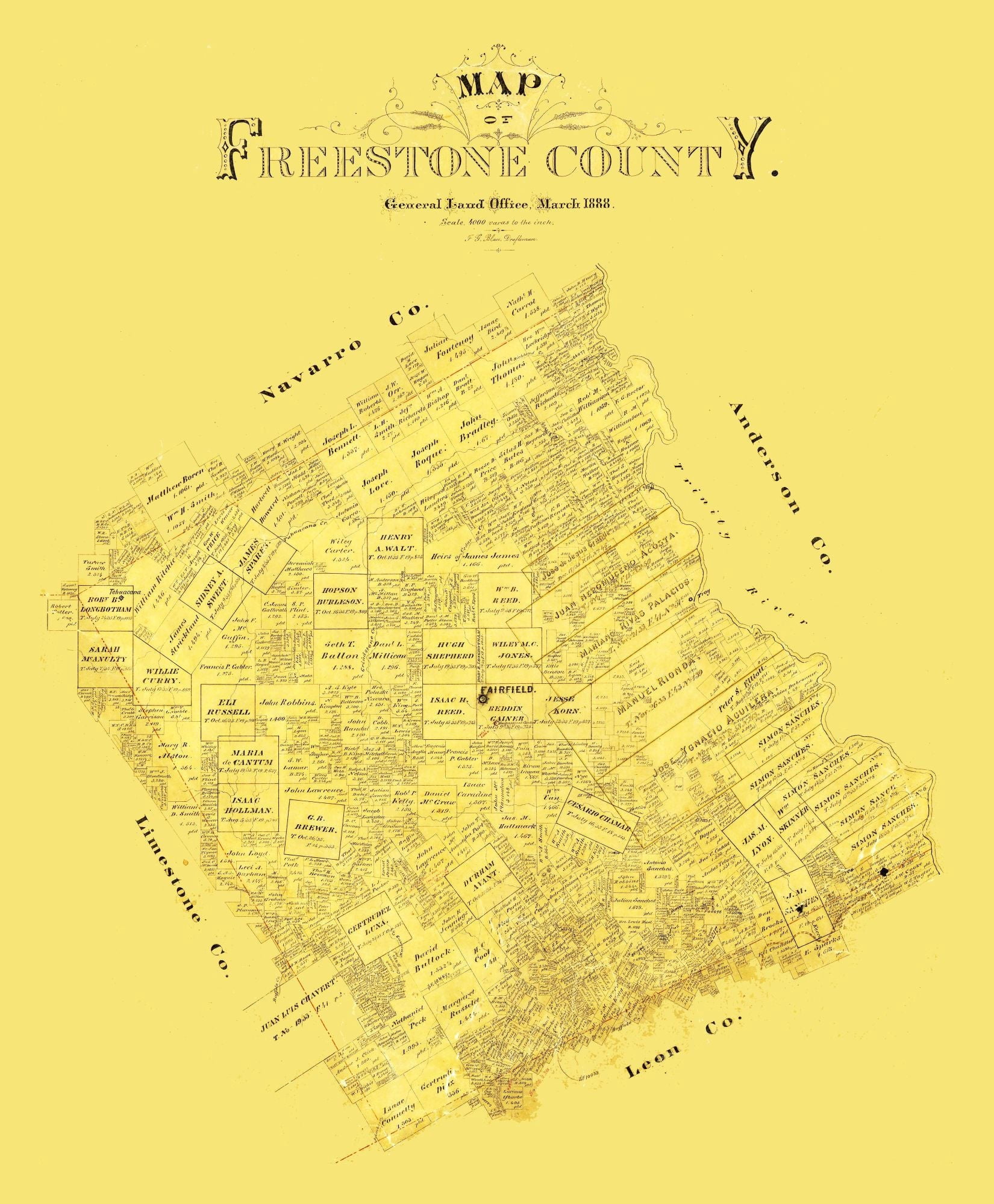 Historic County Map - Freestone County Texas - Blau 1888 - 23 x 27.88 ...