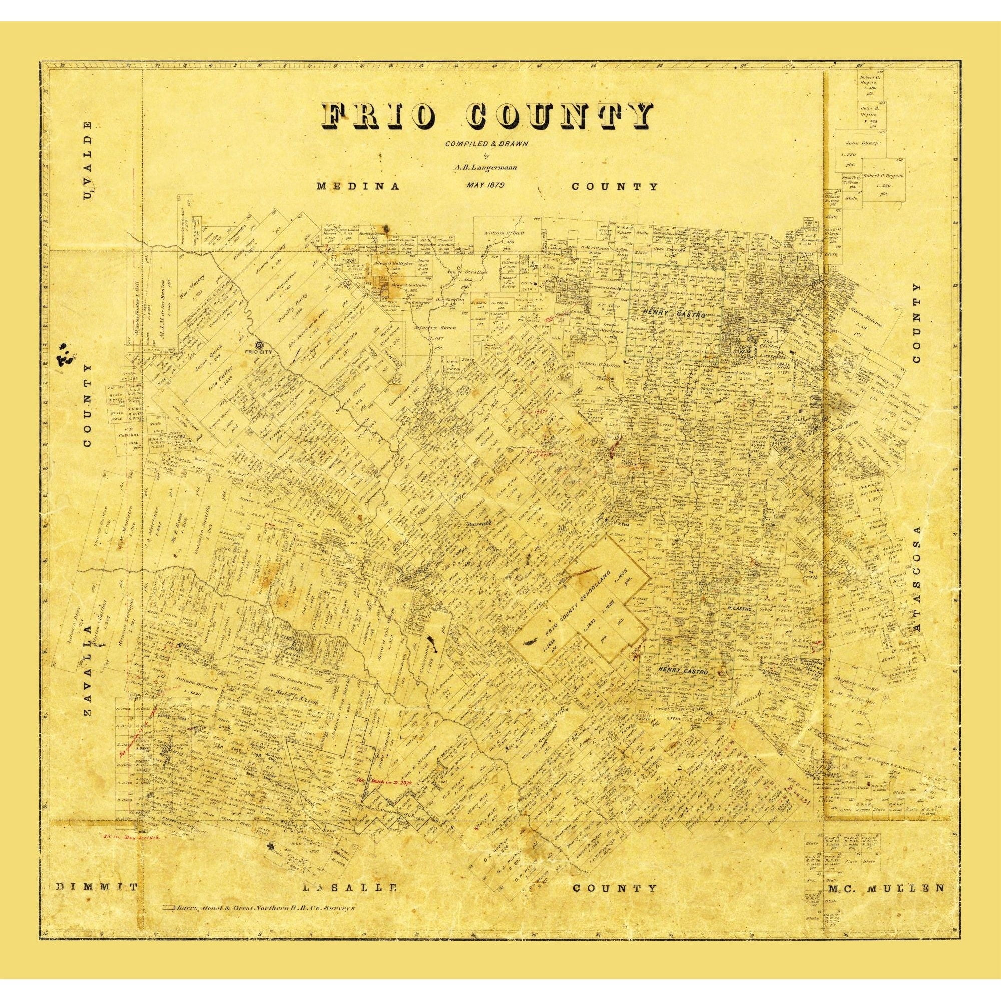 Historic County Map - Frio County Texas - Langermann 1879 - 24.02 x 23 ...