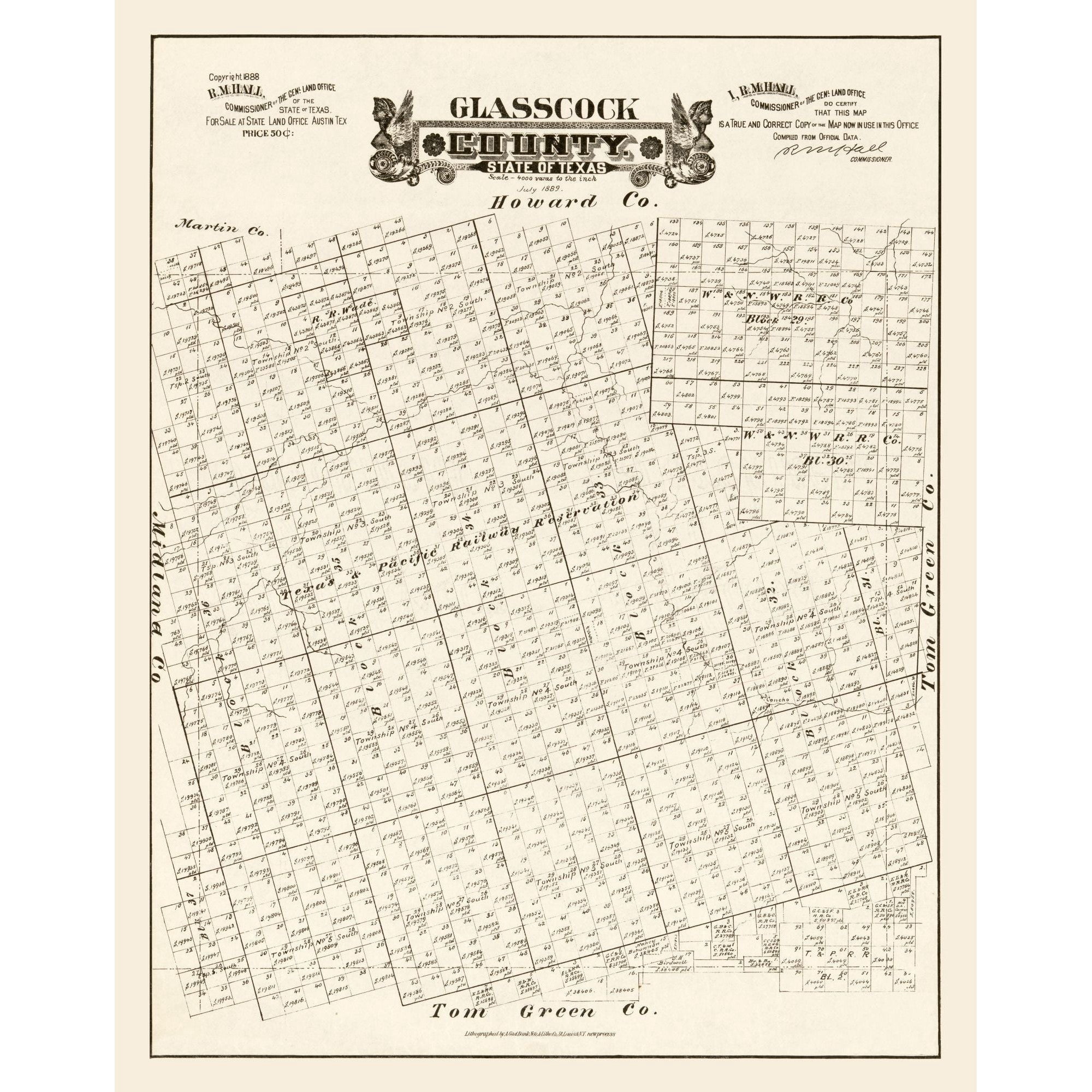 Historic County Map - Glasscock County Texas - Hall 1889 - 23 x 29.13 ...