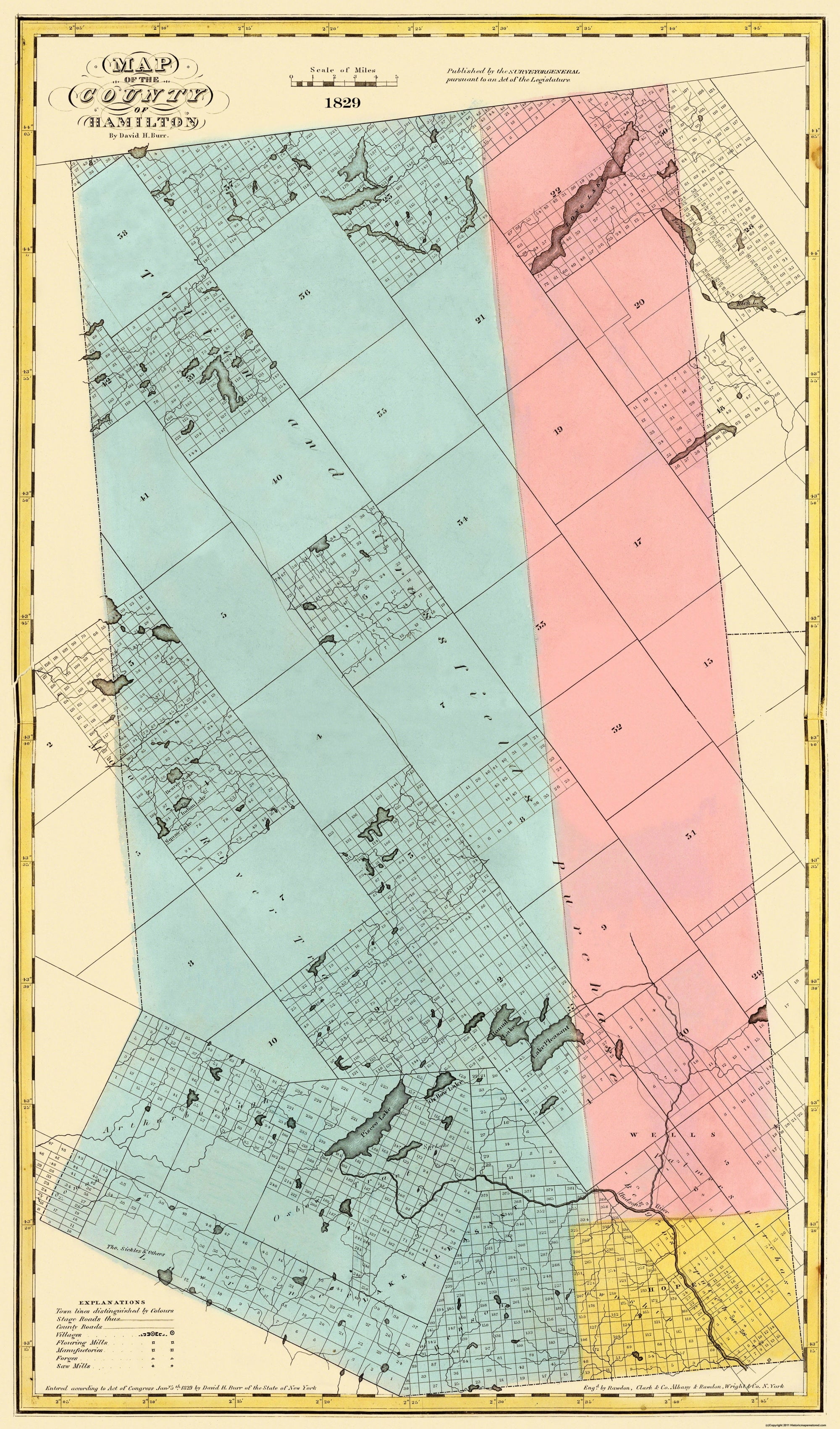 Historic County Map - Hamilton County New York - Burr 1829 - Vintage ...