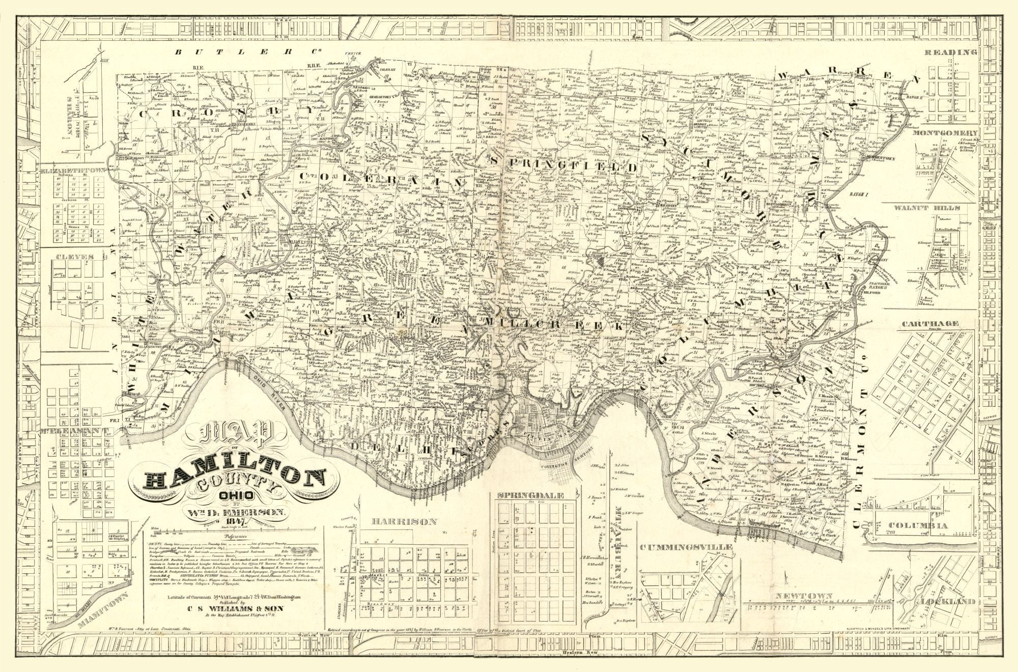 Historic County Map - Hamilton County Ohio - Emerson 1847 - 34.84 x 23 ...