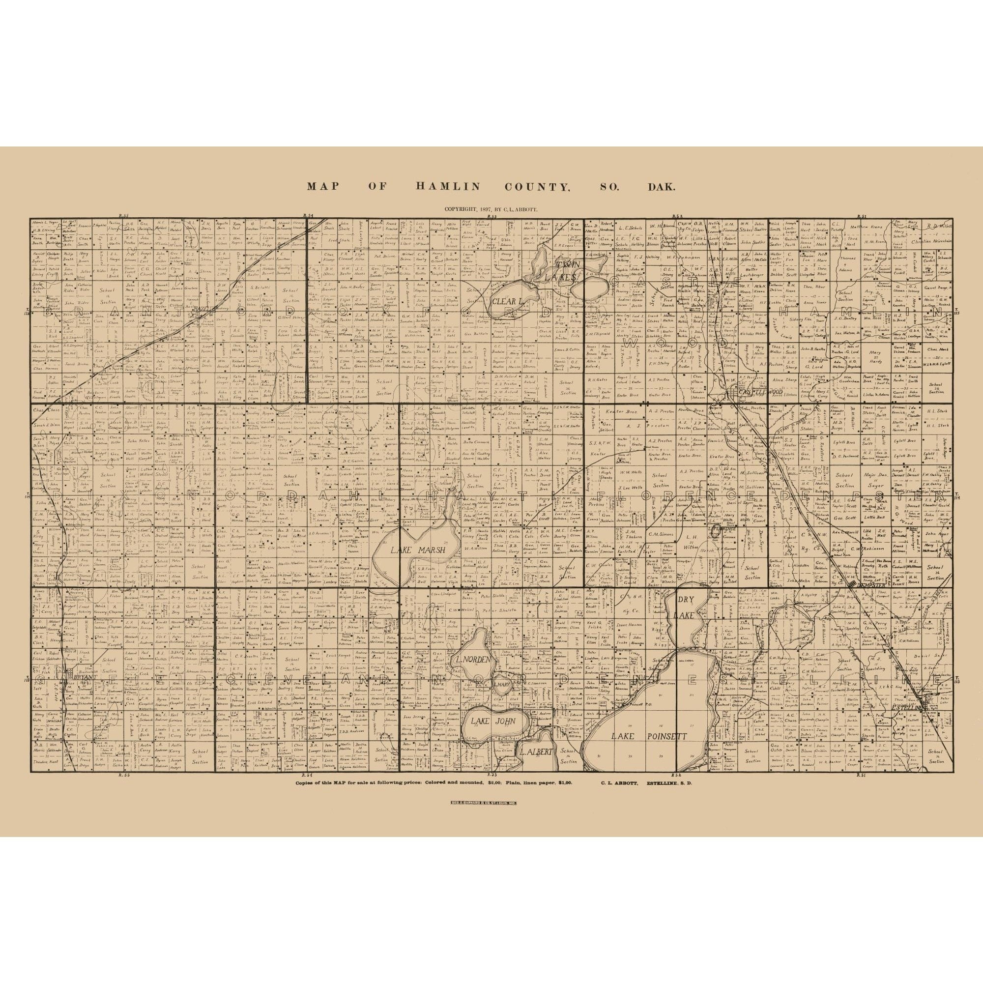 Historic County Map - Hamlin County South Dakota - Abbott 1897 - 32.73 ...