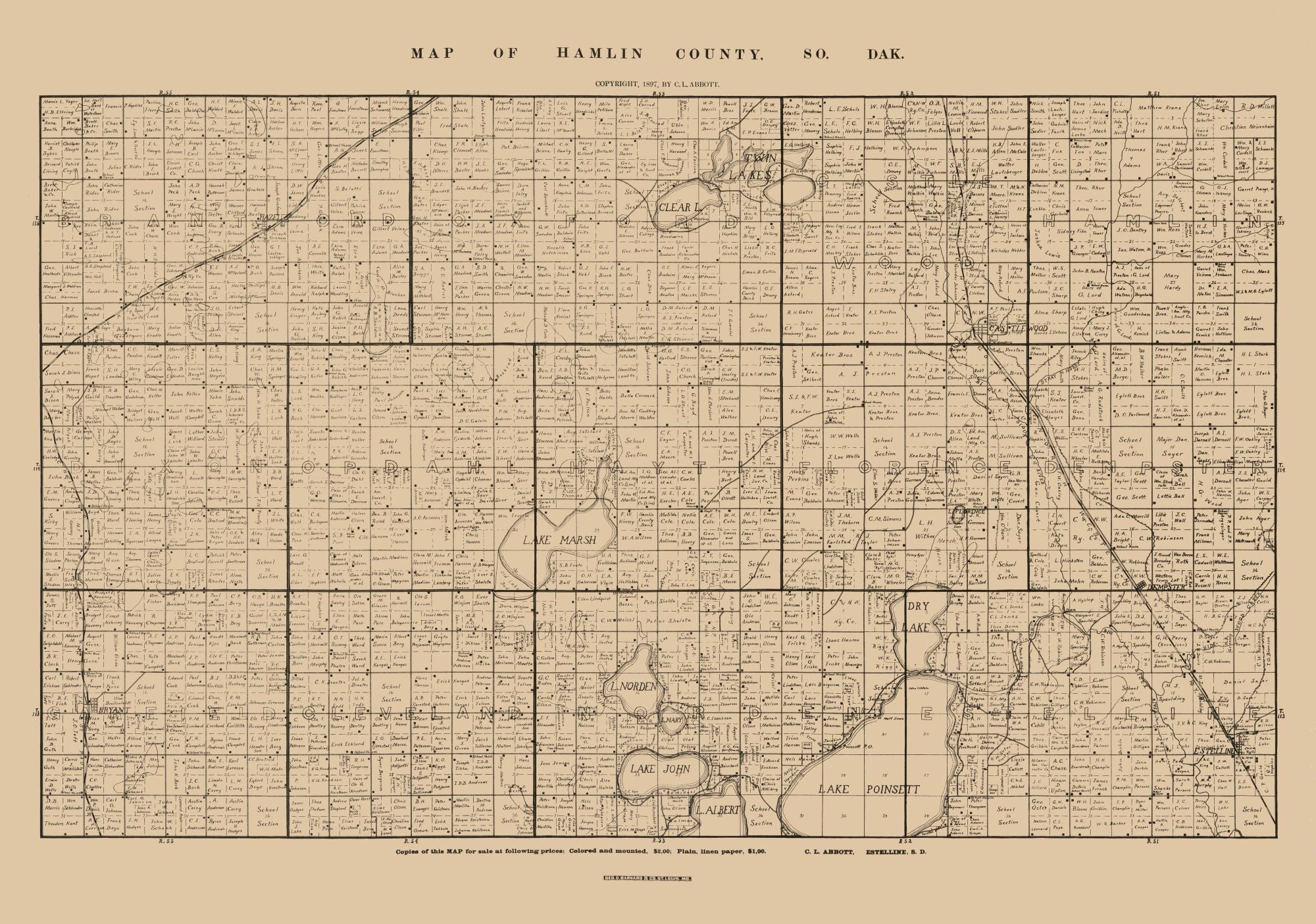 Historic County Map - Hamlin County South Dakota - Abbott 1897 - 32.73 ...