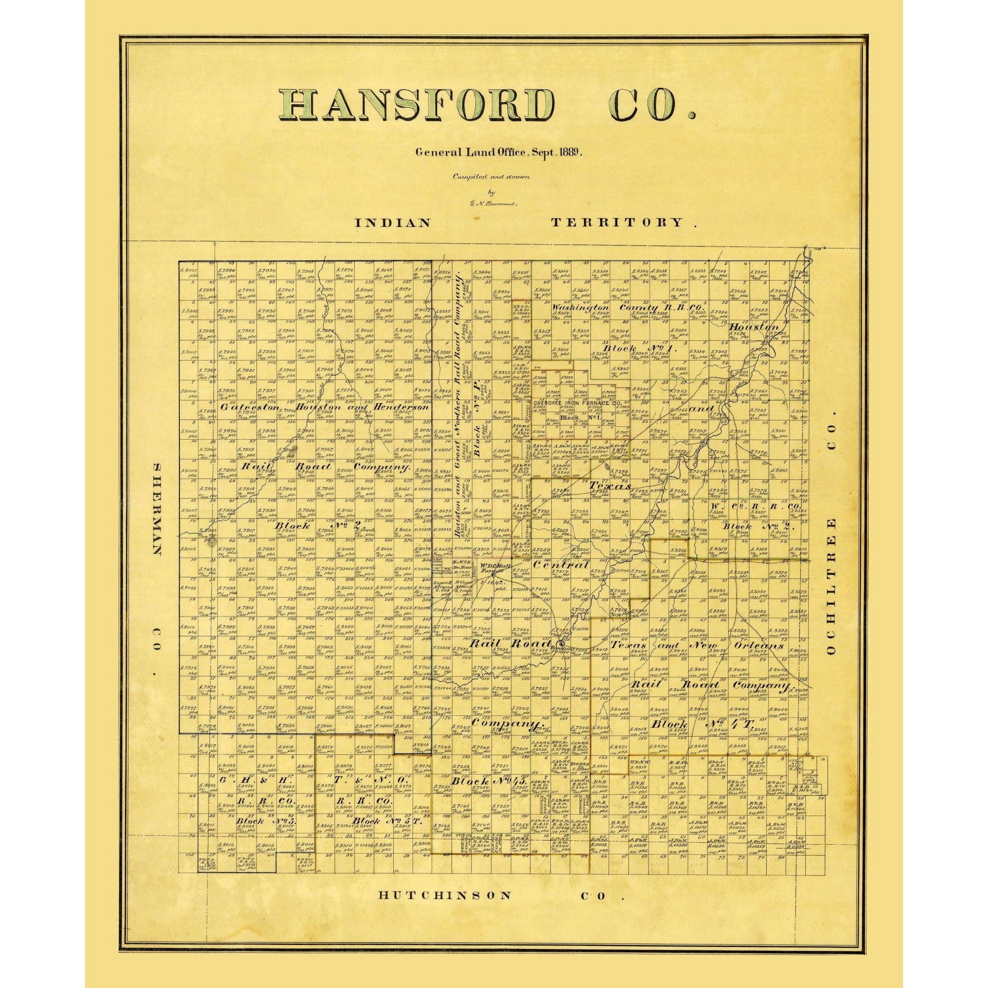 Historic County Map - Hansford County Texas - Beaumont 1889 - Vintage ...