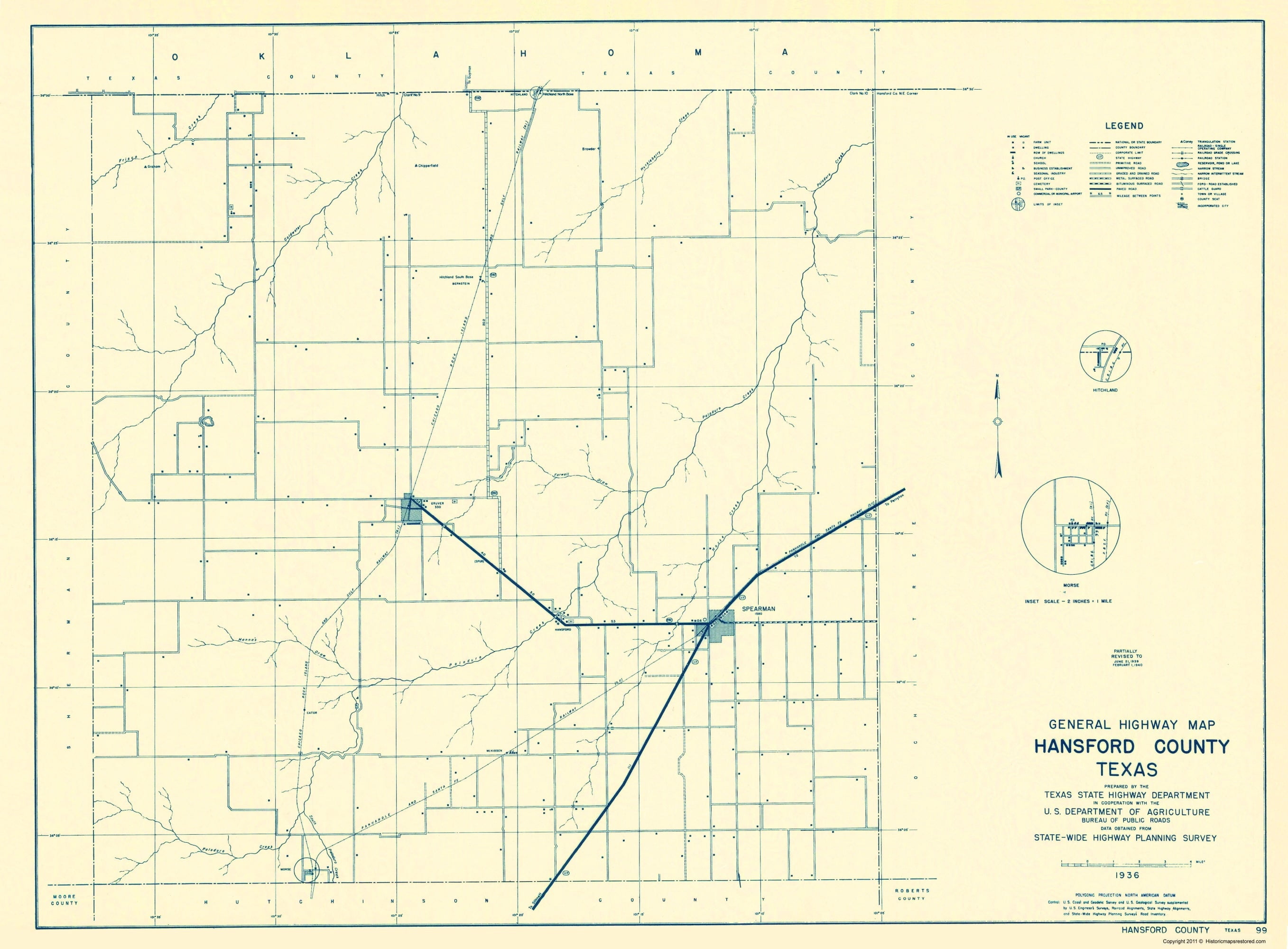 Historic County Map - Hansford County Texas - Highway Department 1940 ...