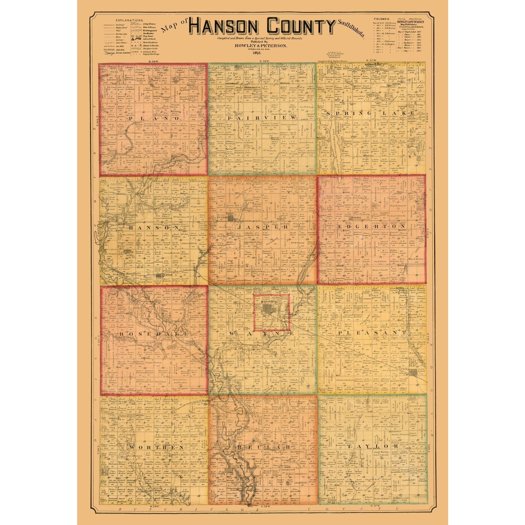 Historic County Map - Hanson County South Dakota - Peterson 1893 - 23 x ...