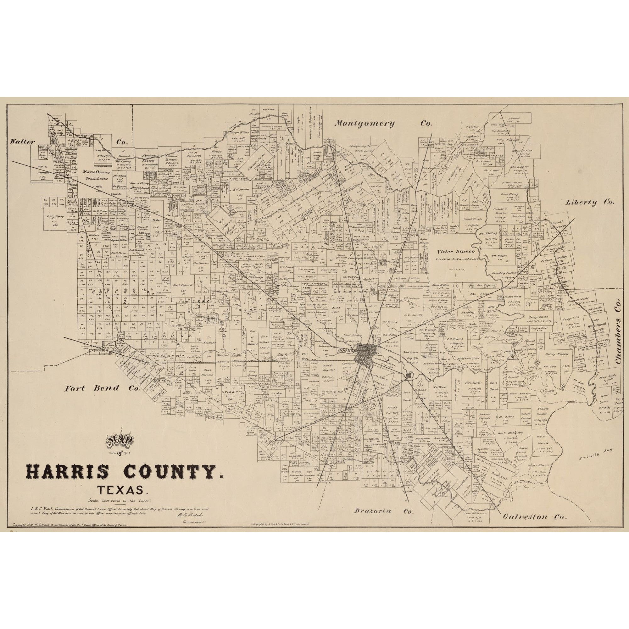 Historic County Map - Harris County Texas - Walsh 1879 - 33.24 x 23 ...