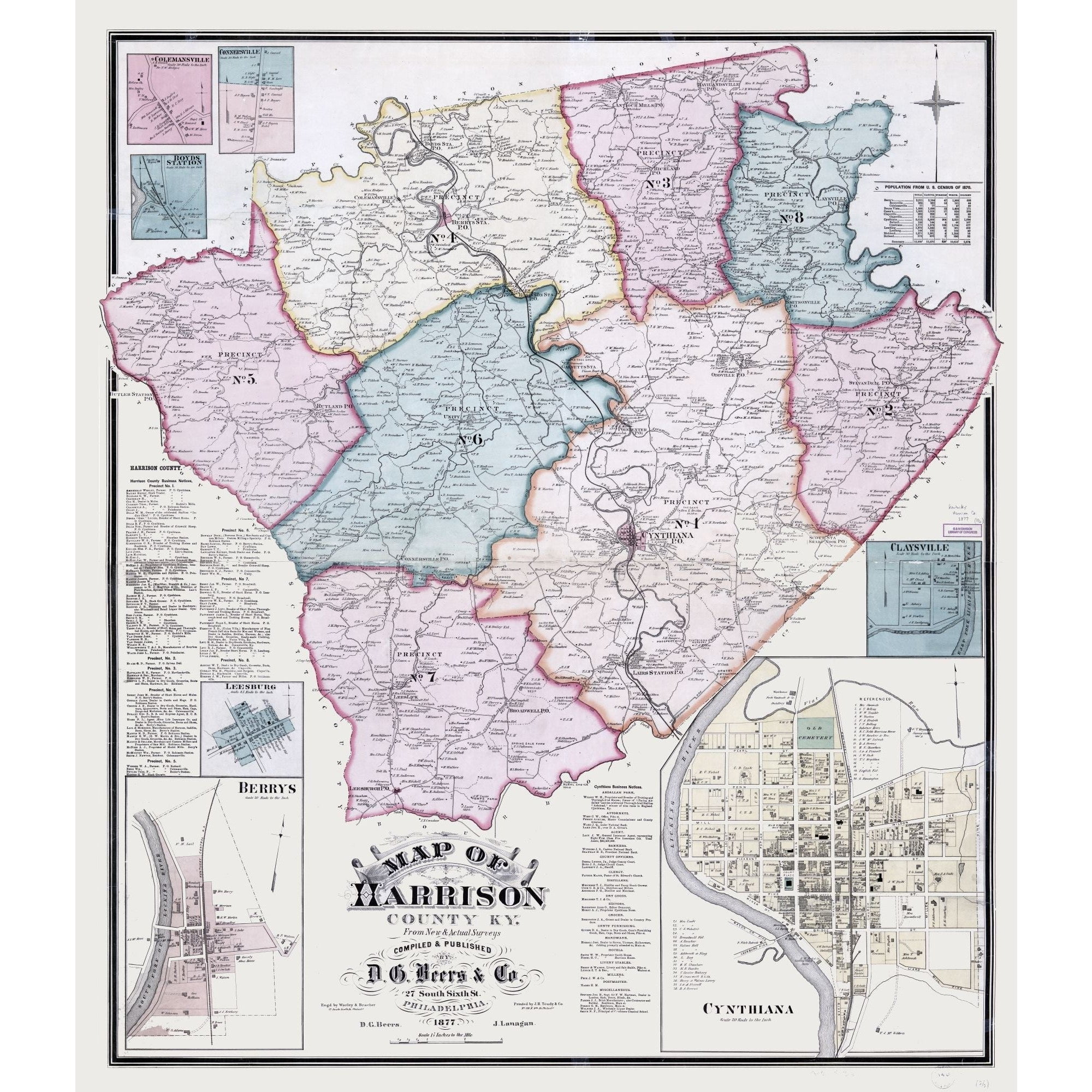 Historic County Map - Harrison County Kentucky - Beers 1877 - 23 x 26. ...