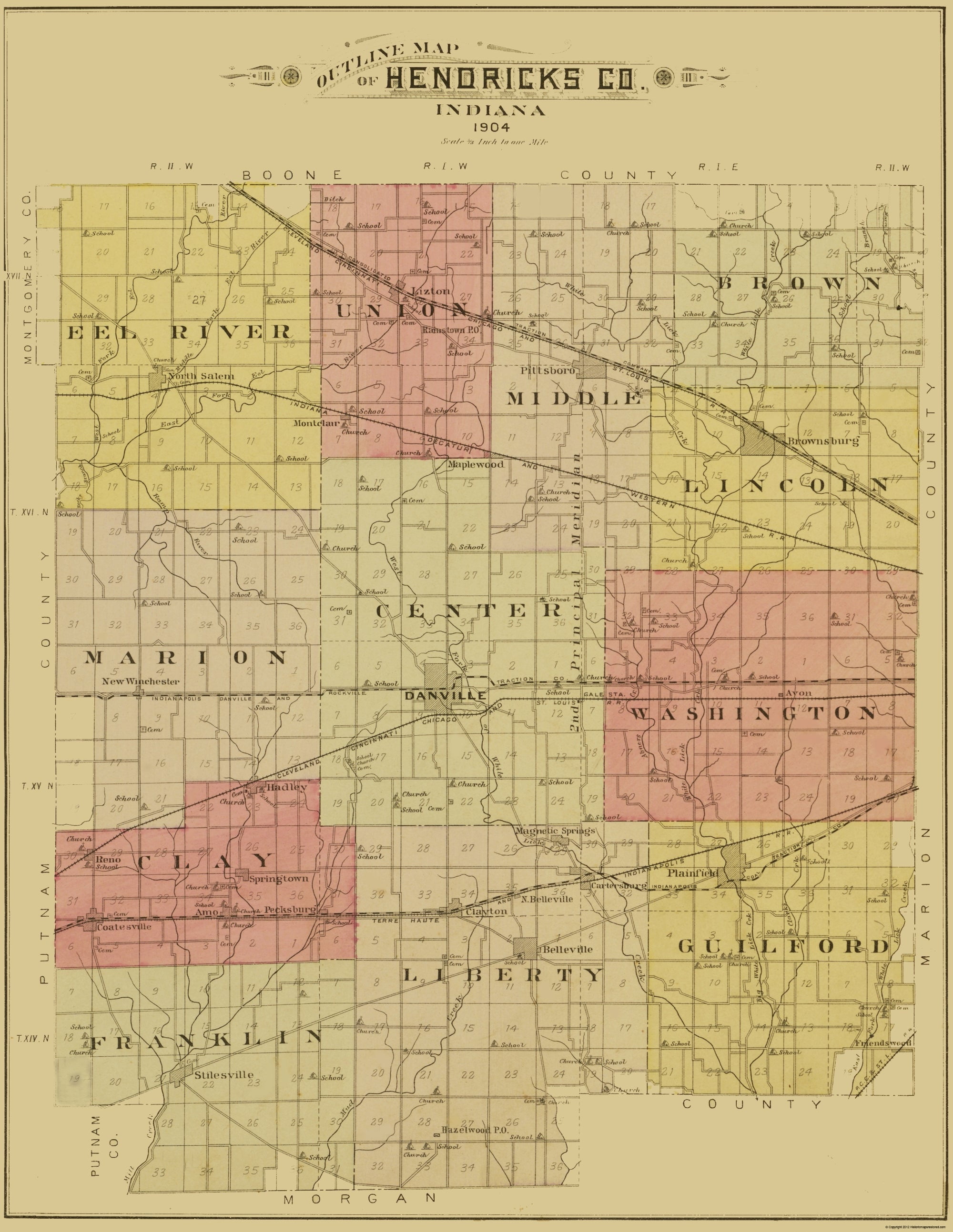 Historic County Map - Hendricks County Indiana - Ogle 1904 - 23 x 29.75 ...