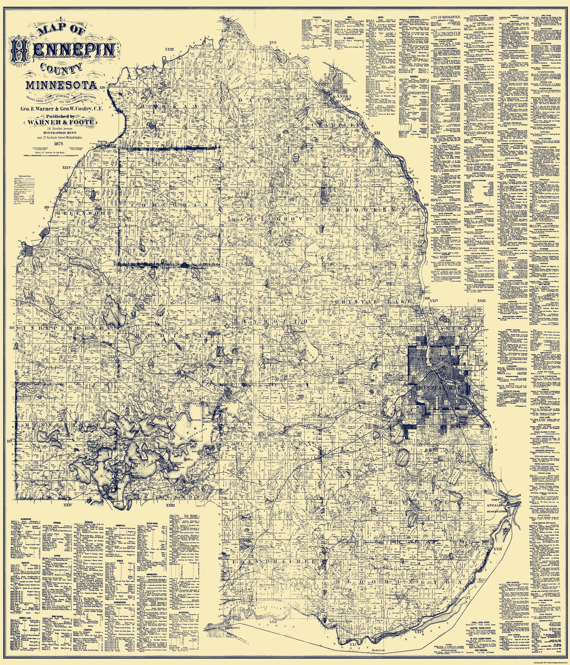Historic County Map - Hennepin County Minnesota - Warner 1879 - Vintage ...