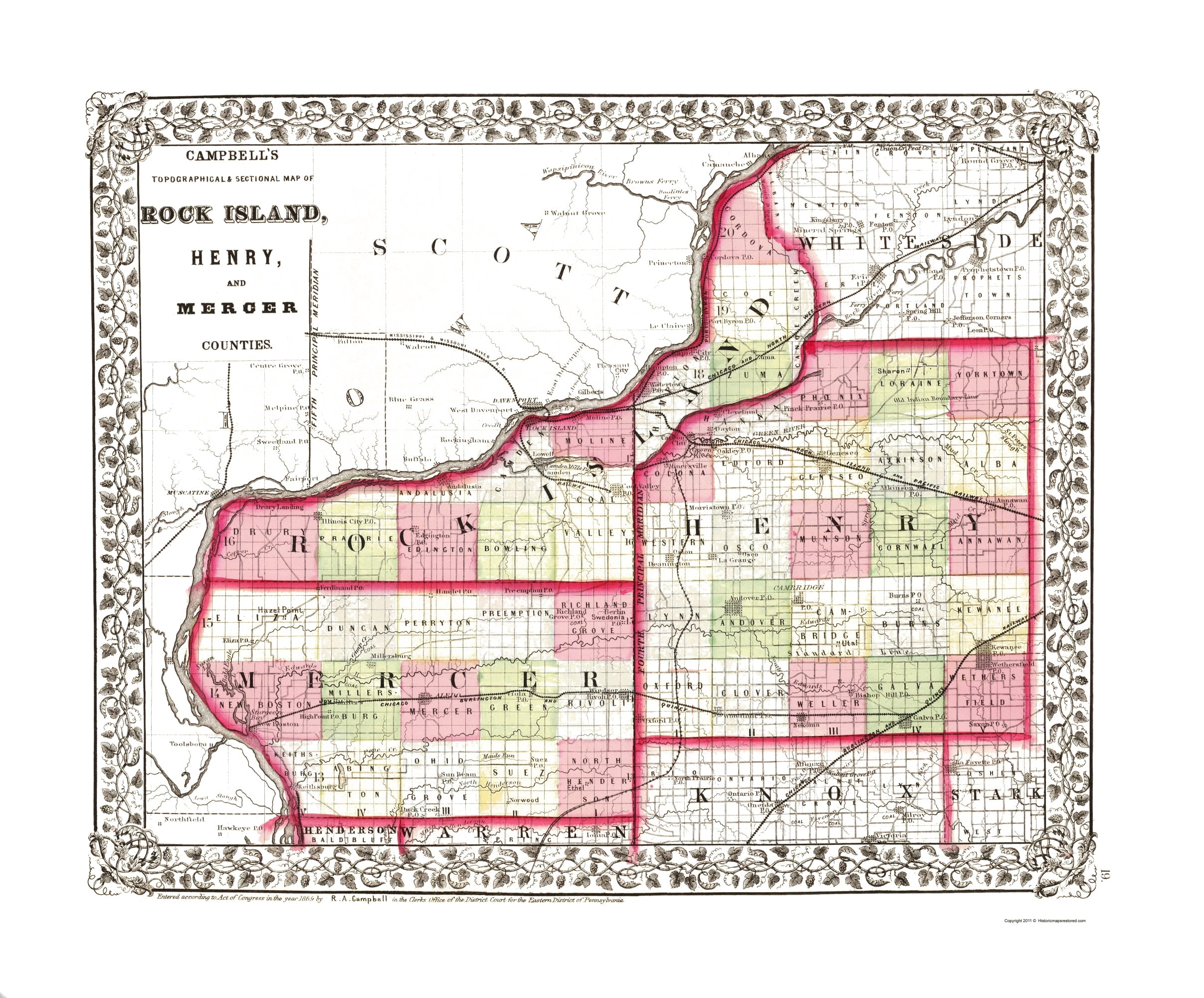 Historic County Map - Henry Rock Island Mercer Counties Illinois ...