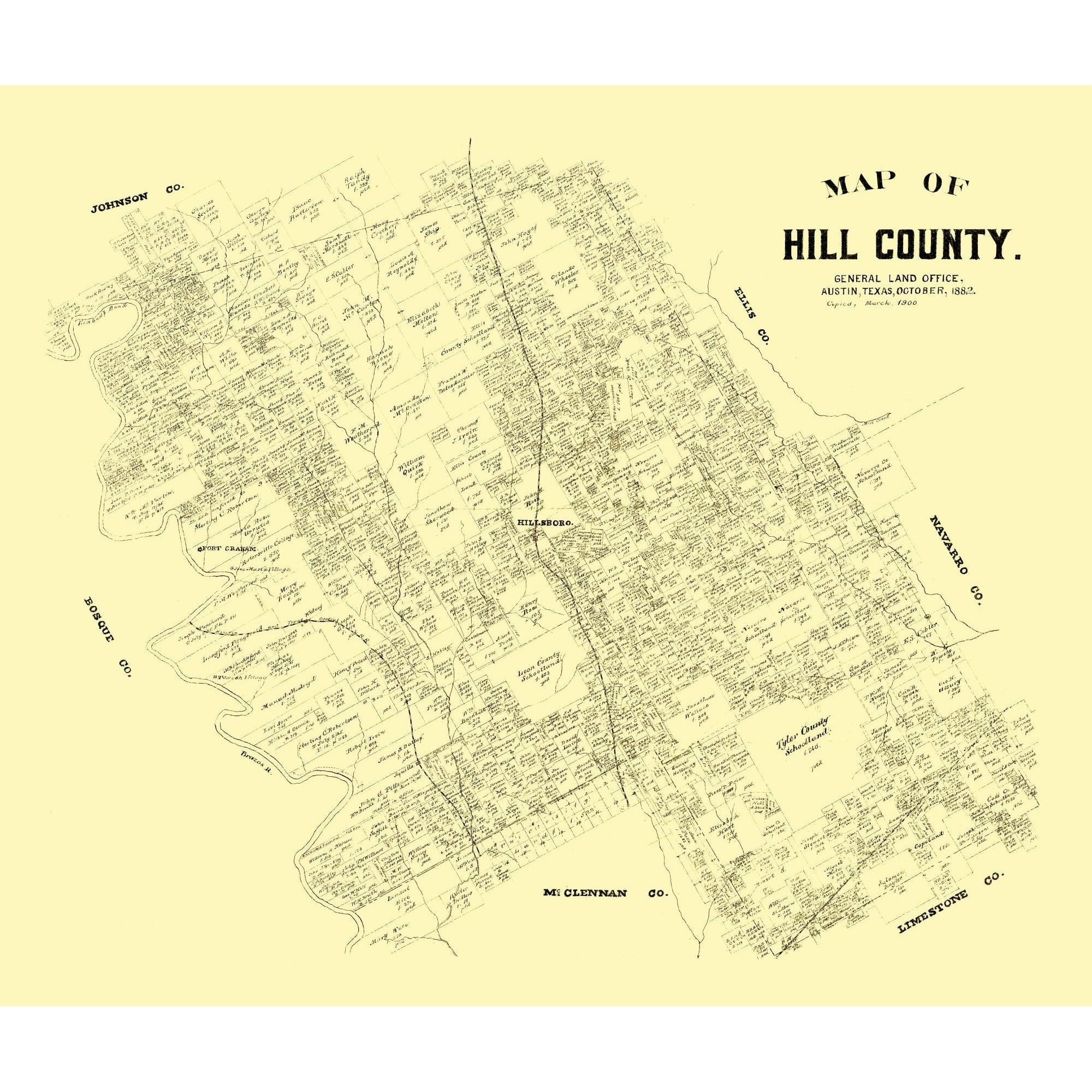 Historic County Map - Hill County Texas - General Land Office 1882 ...