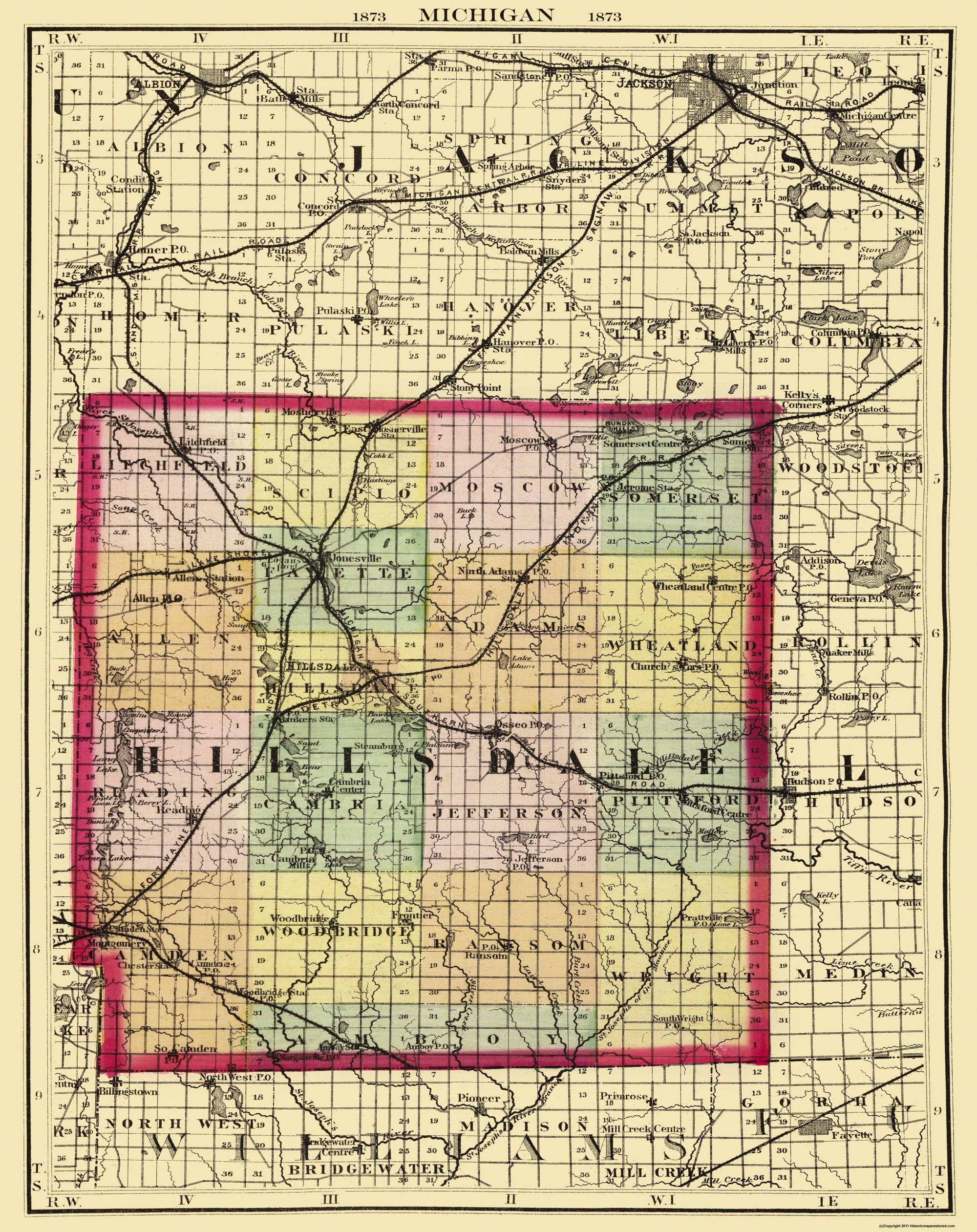 Historic County Map - Hillsdale County Michigan - Walling 1873 - 23 x ...