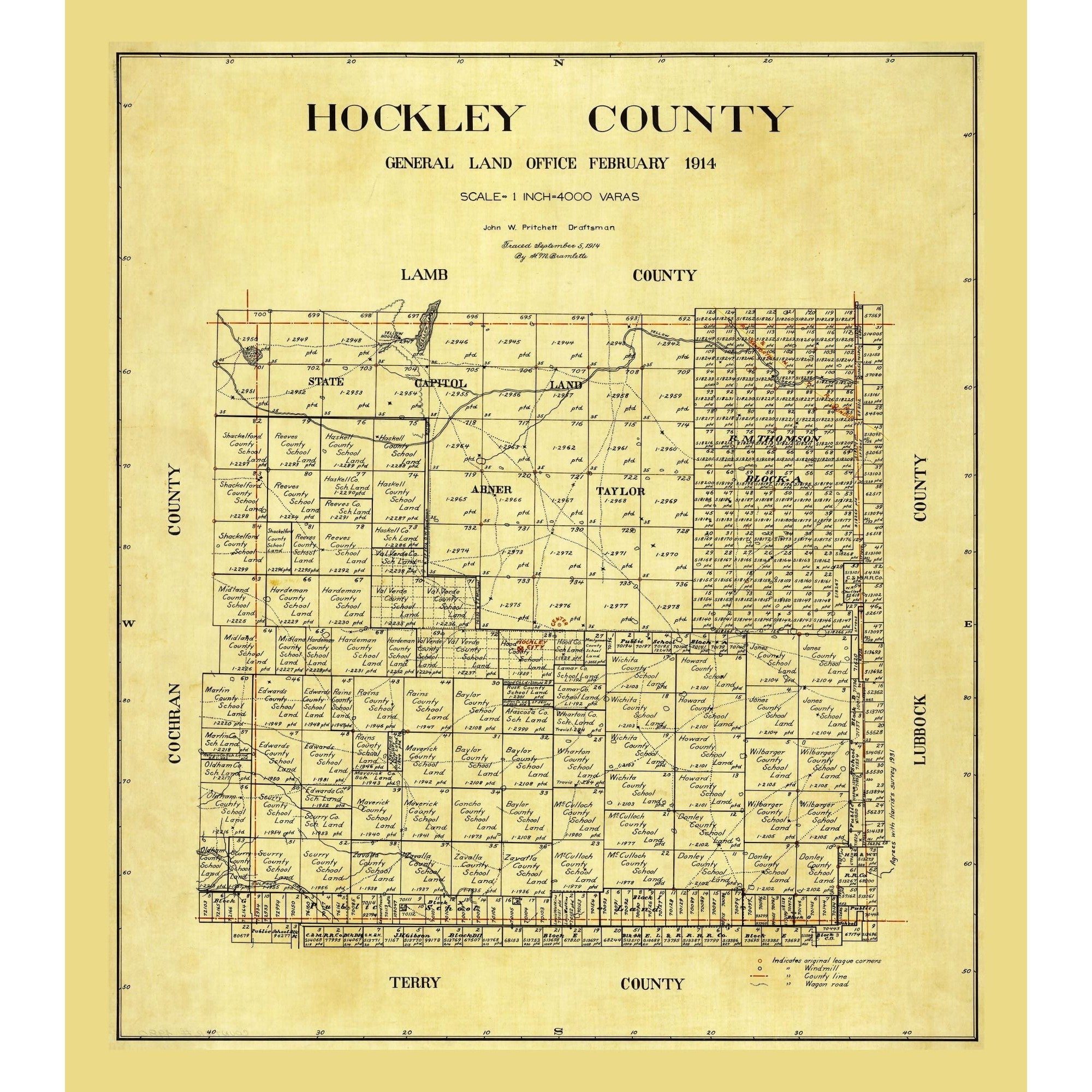 Historic County Map - Hockley County Texas - Pritchett 1914 - 23 x 26. ...