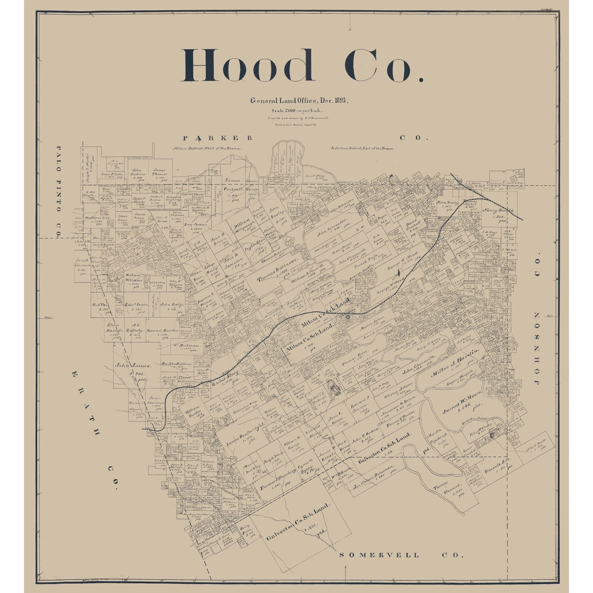 Historic County Map - Hood County Texas - Beaumont 1893 - 23 x 25.02 ...