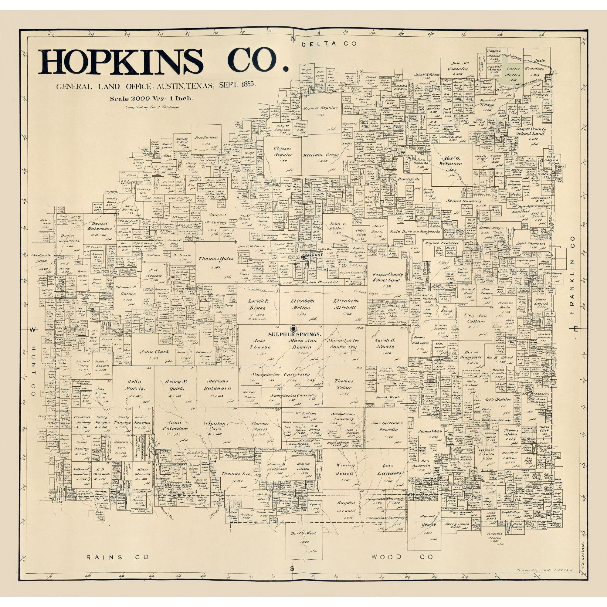 Historic County Map - Hopkins County Texas - Thielepape 1885 - 23.79 x ...