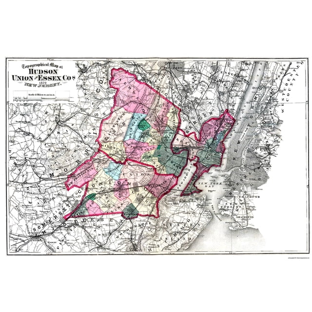 Historic County Map - Hudson Union Essex Counties New Jersey - Beers ...