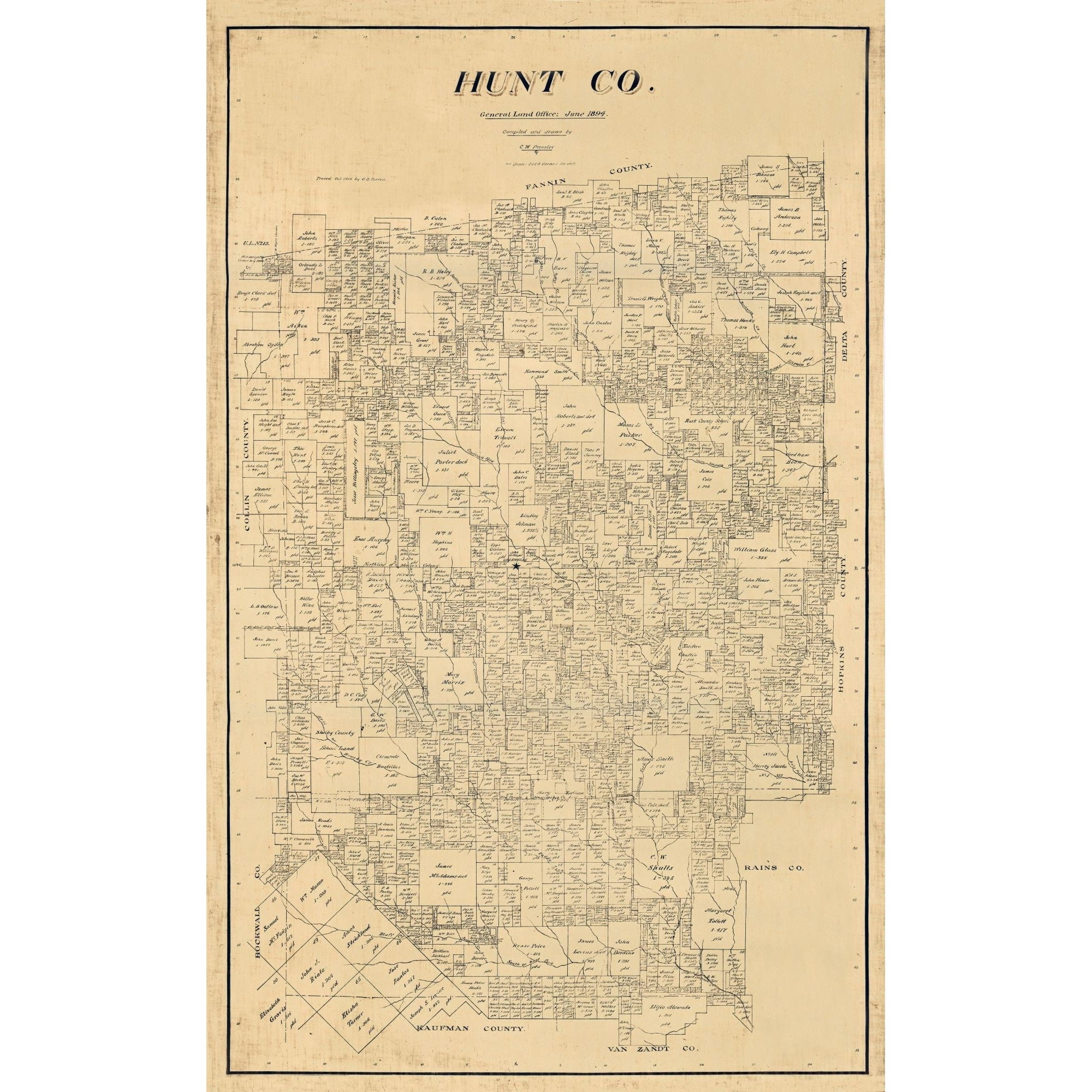 Historic County Map - Hunt County Texas - Pressler 1894 - 23 x 37.00 ...