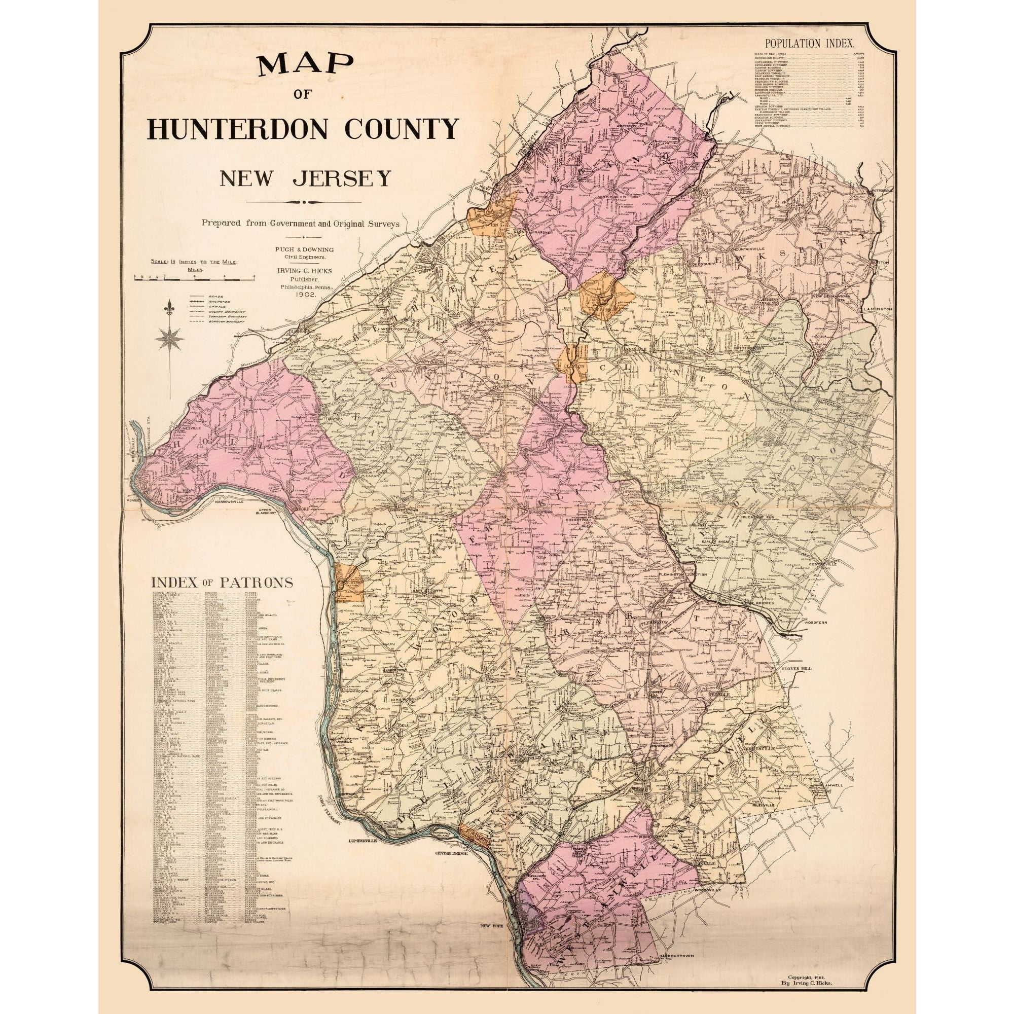 Historic County Map - Hunterdon New Jersey - Hicks 1902 - 23 x 28.51 ...