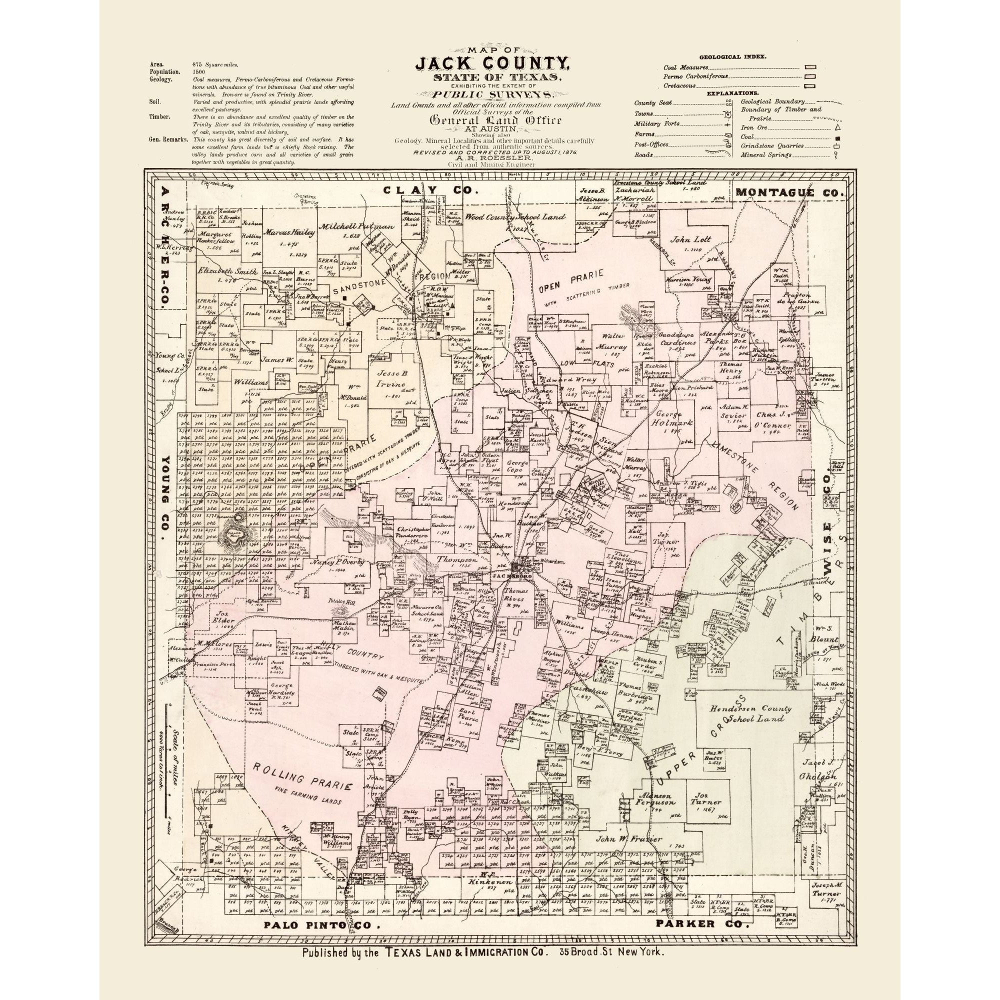 Historic County Map - Jack County Texas - Roessler 1876 - 23 x 28.71 ...