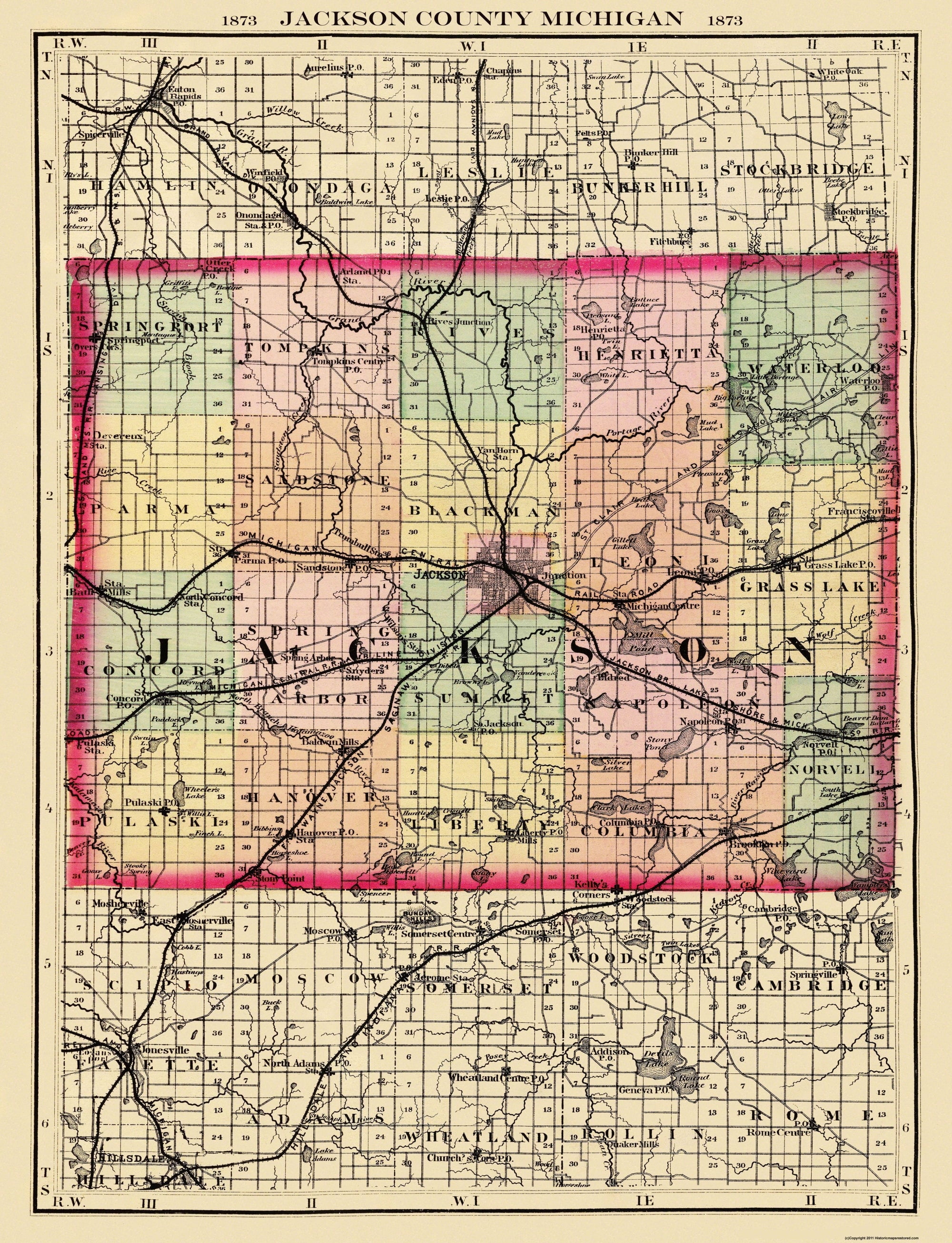 Historic County Map - Jackson County Michigan - Walling 1873 - 23 x 30 ...
