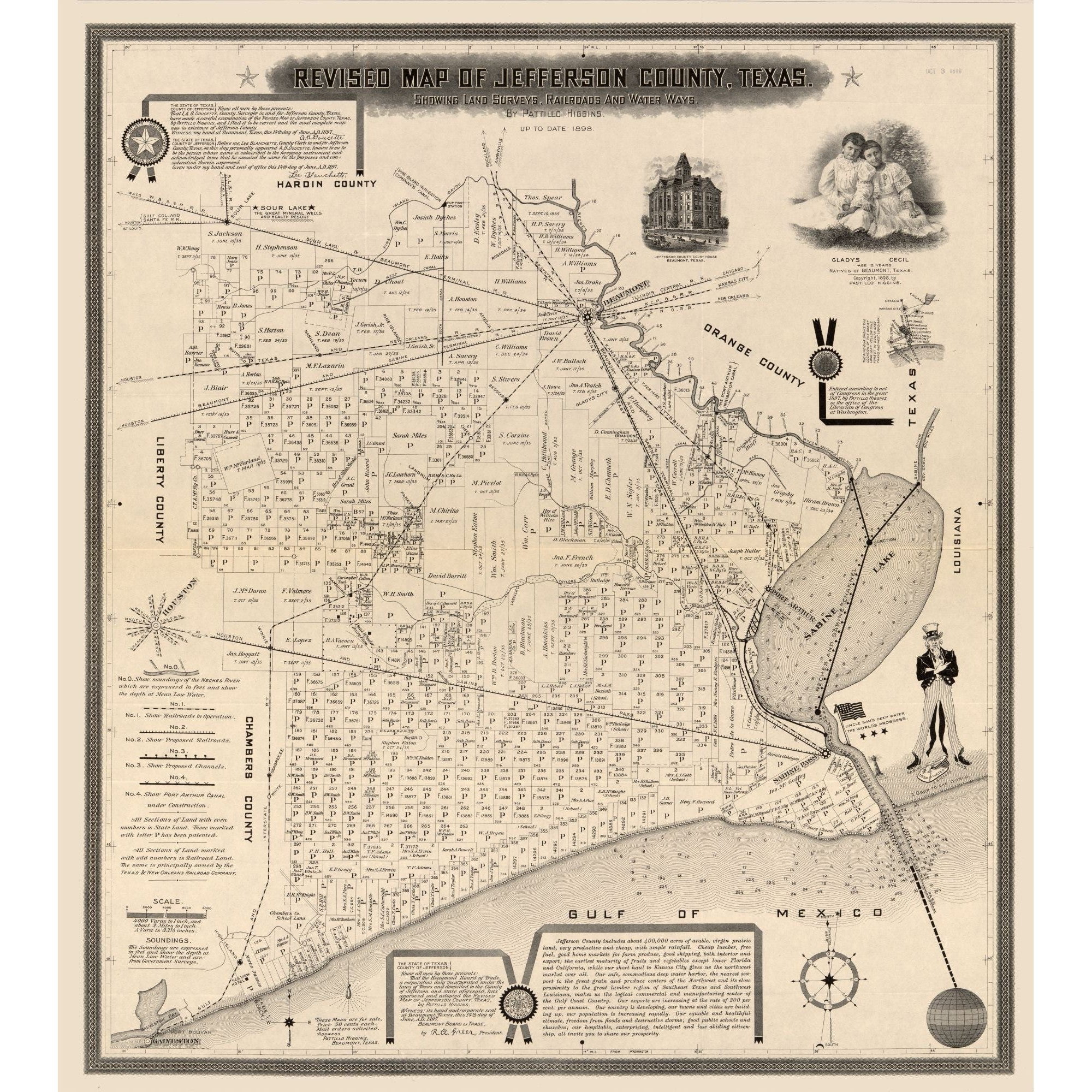 Historic County Map - Jefferson County Texas - Higgins 1898 - 23 x 25. ...