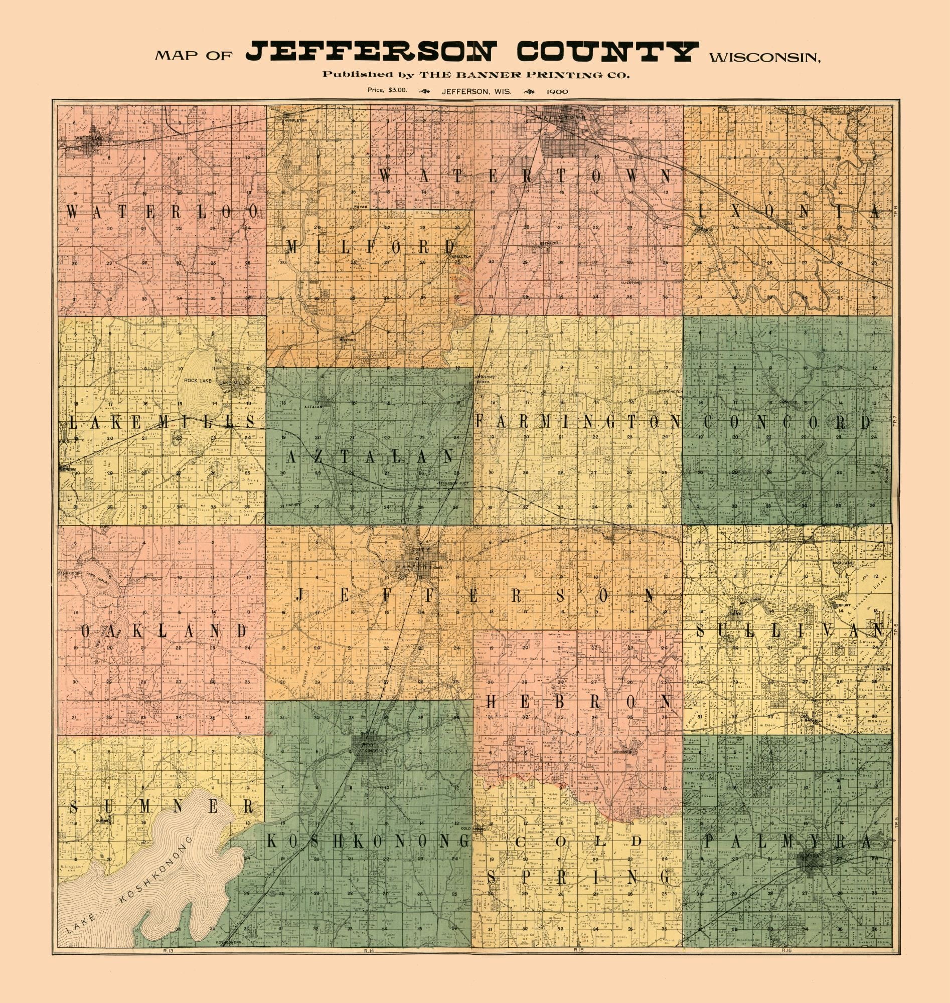 Historic County Map - Jefferson County Wisconsin - Banner 1900 - 23 x ...