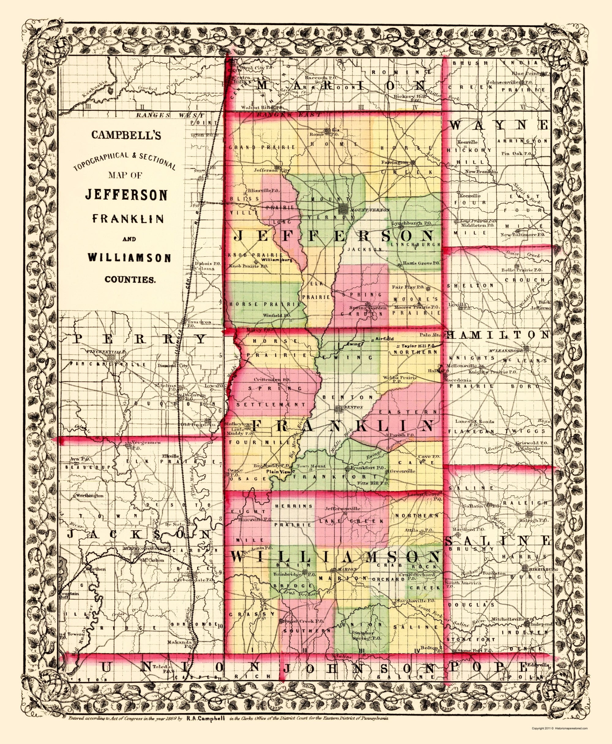 Historic County Map - Jefferson Franklin Williamson Counties Illinois ...
