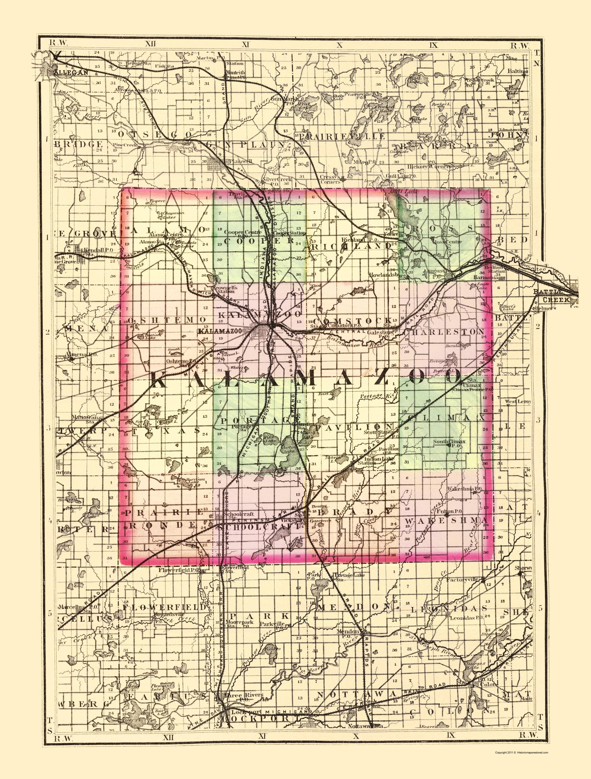 Historic County Map - Kalamazoo County Michigan - Walling 1873 - 23 x ...