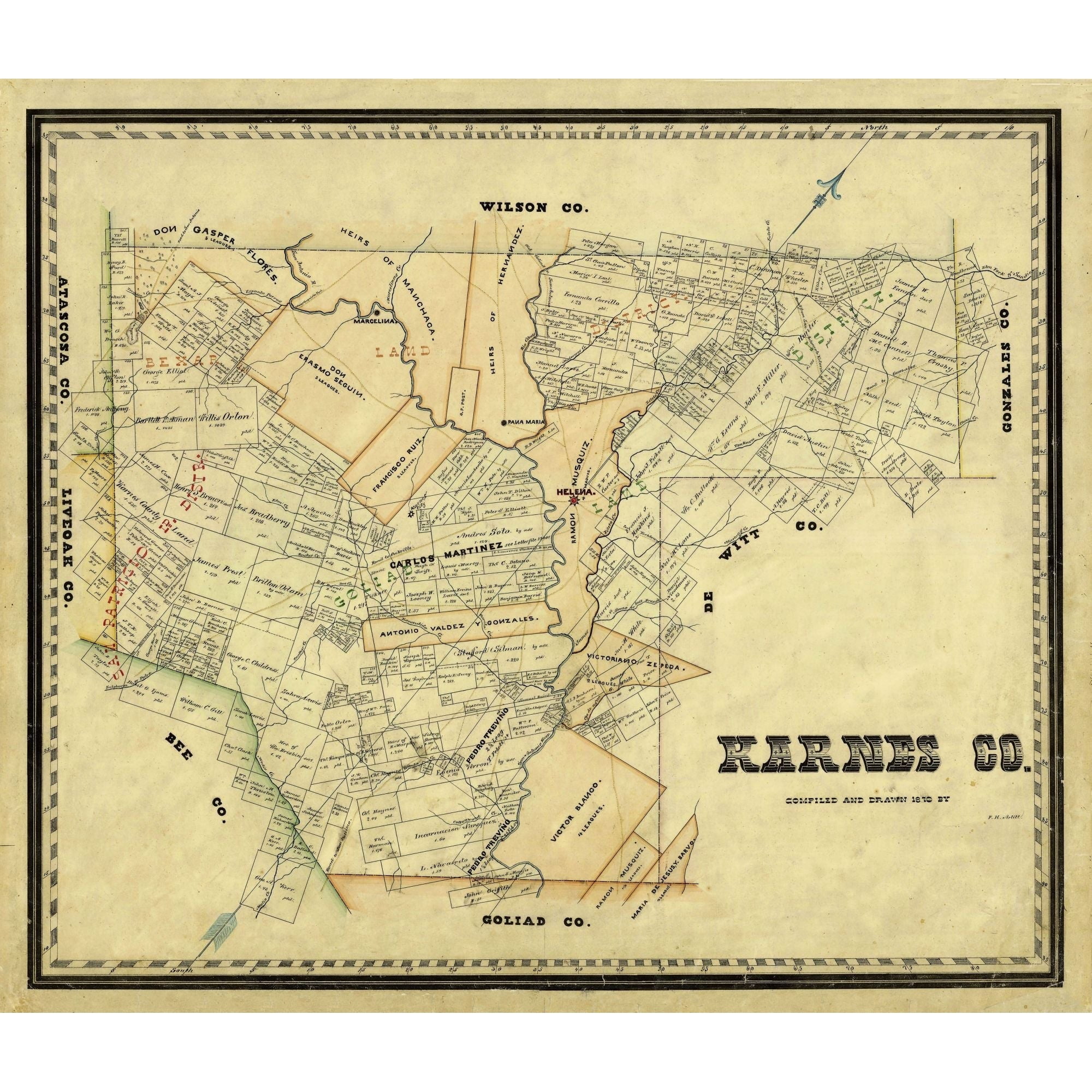 Historic County Map - Karnes County Texas - Arlitt 1870 - Vintage Wall ...