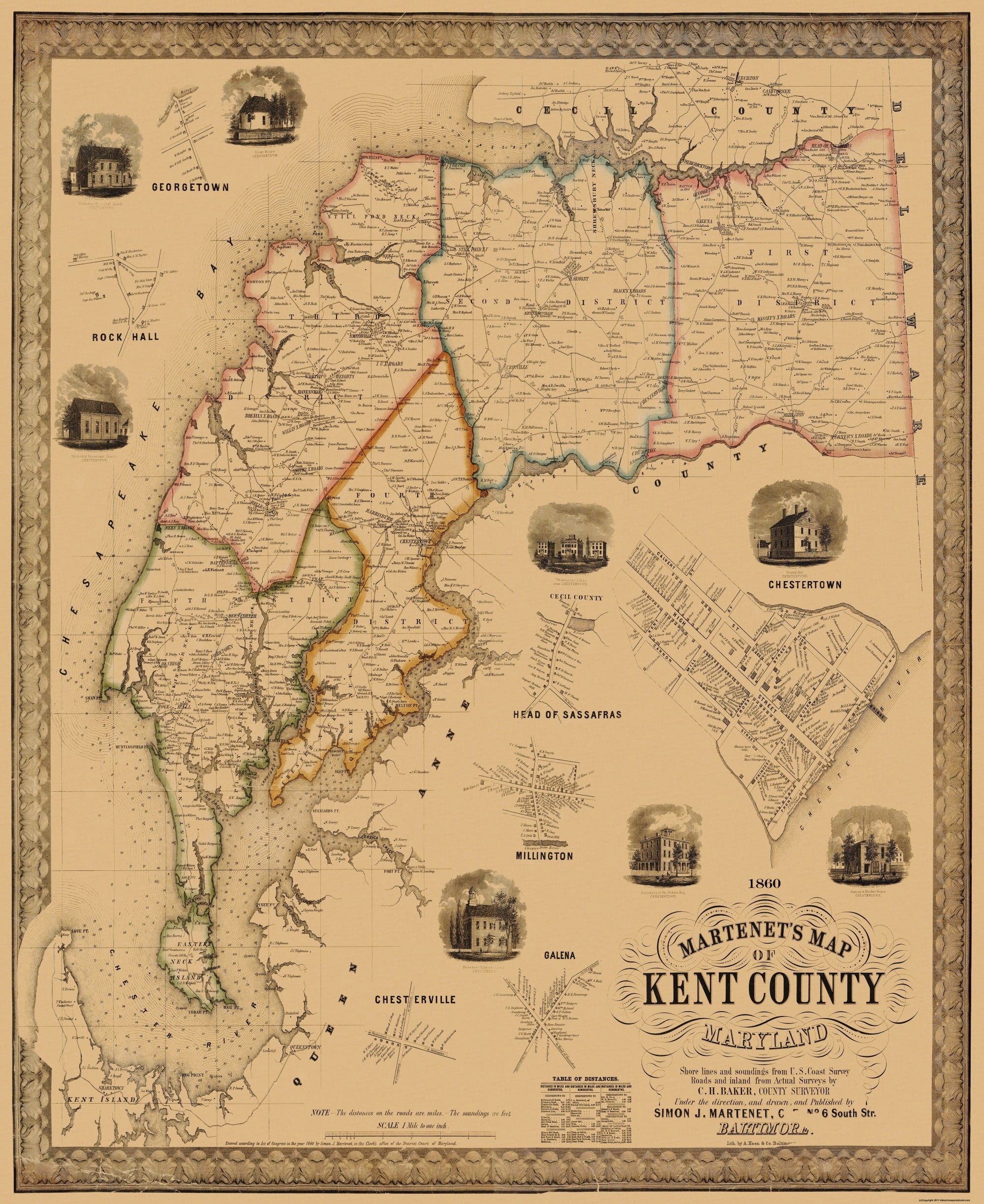 Historic County Map - Kent County Maryland - Martenet 1860 - Vintage ...
