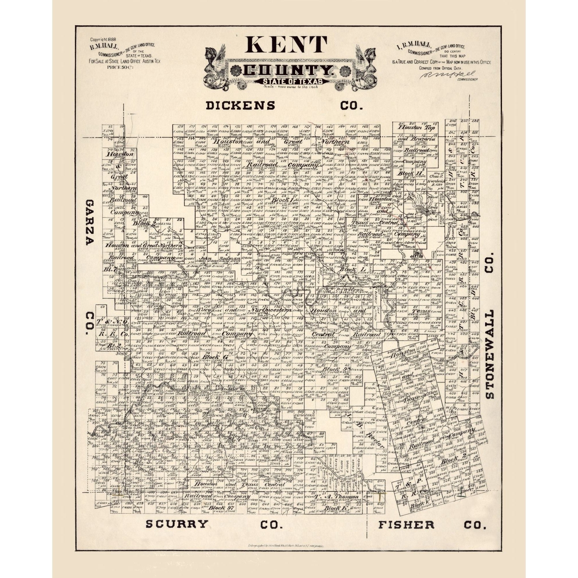 Historic County Map - Kent County Texas - Hall 1888 - 23 x 28.09 ...