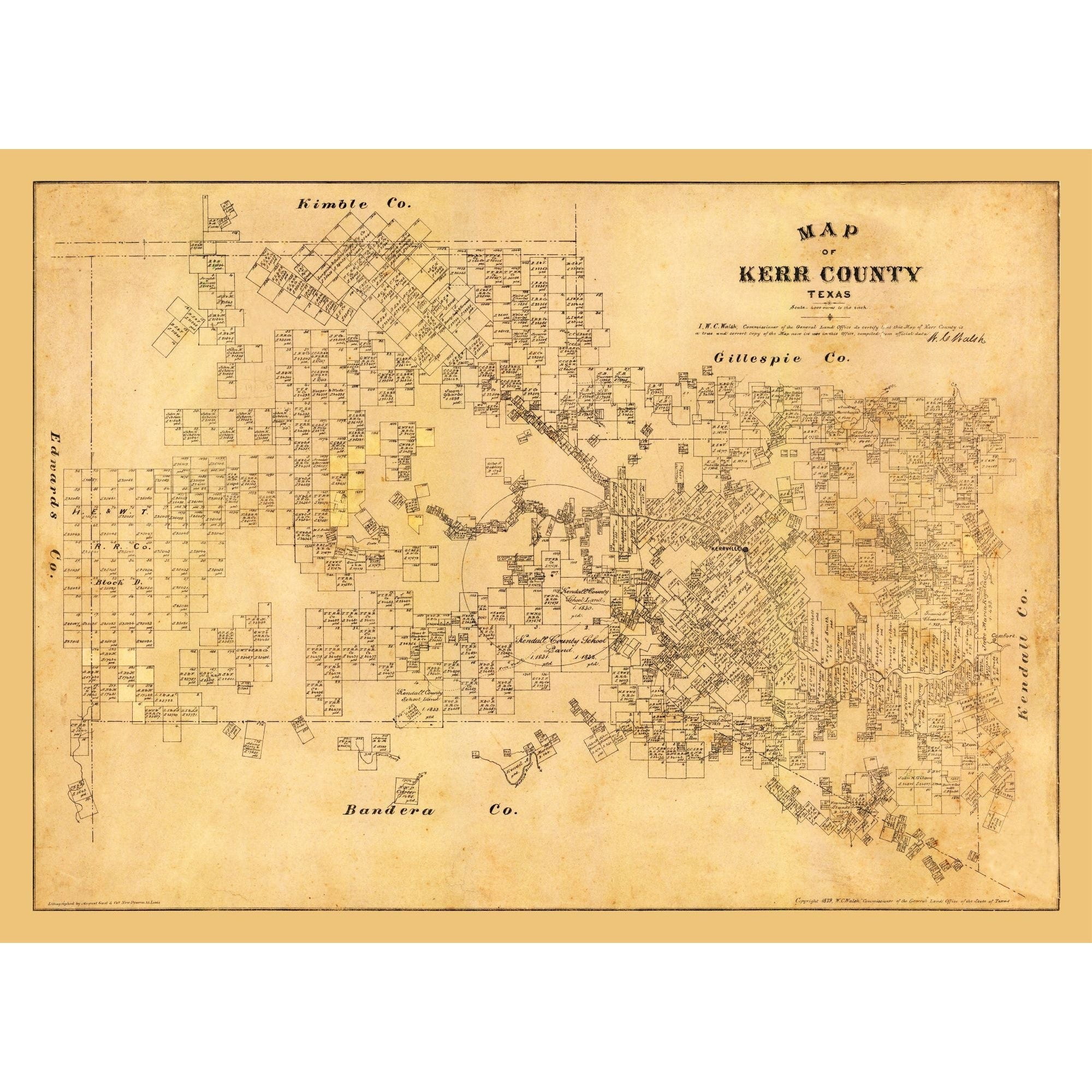 Historic County Map - Kerr County Texas - Walsh 1879 - Vintage Wall Art ...